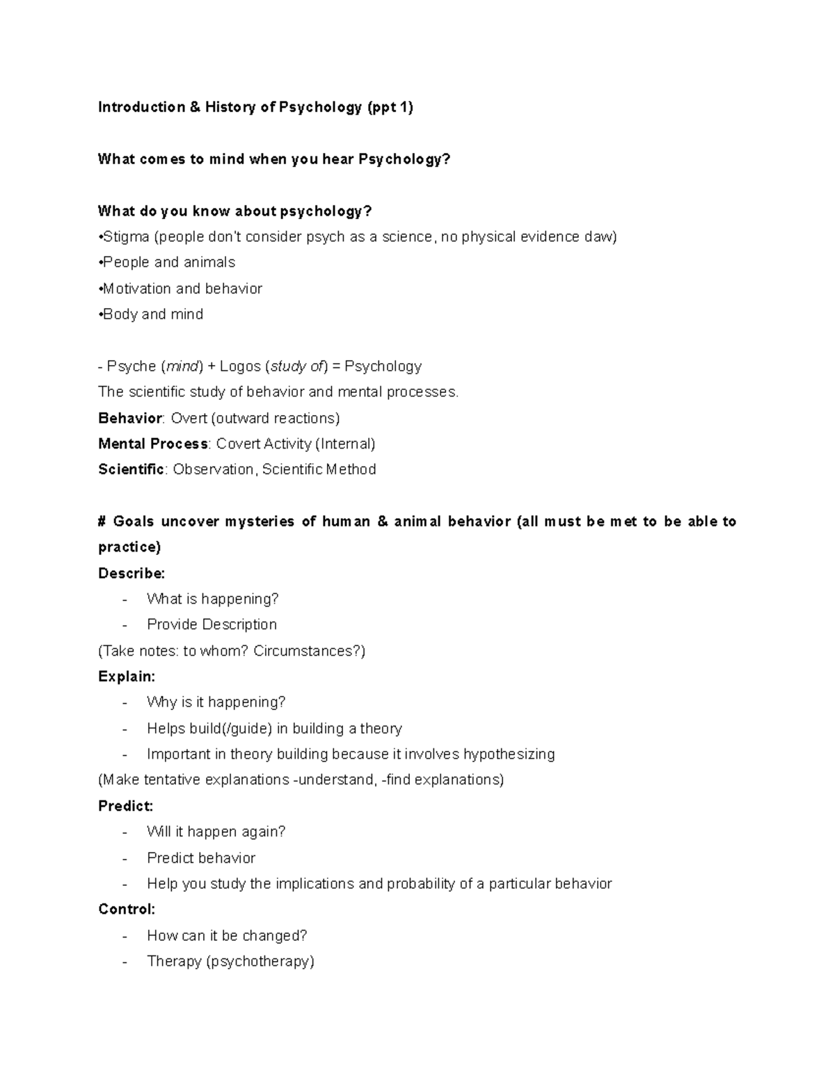 Psyntro- Notes - Introduction & History of Psychology (ppt 1) What ...