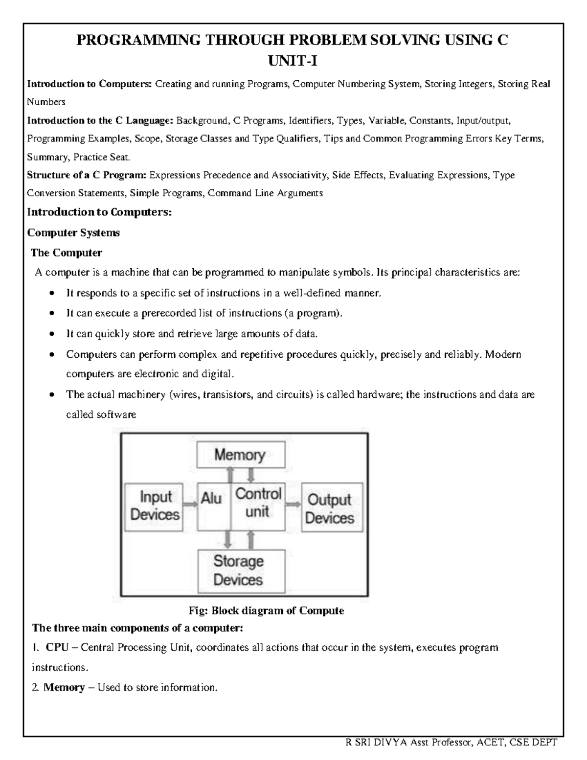 CP R20 unit-1 - helpful to u - PROGRAMMING THROUGH PROBLEM SOLVING ...