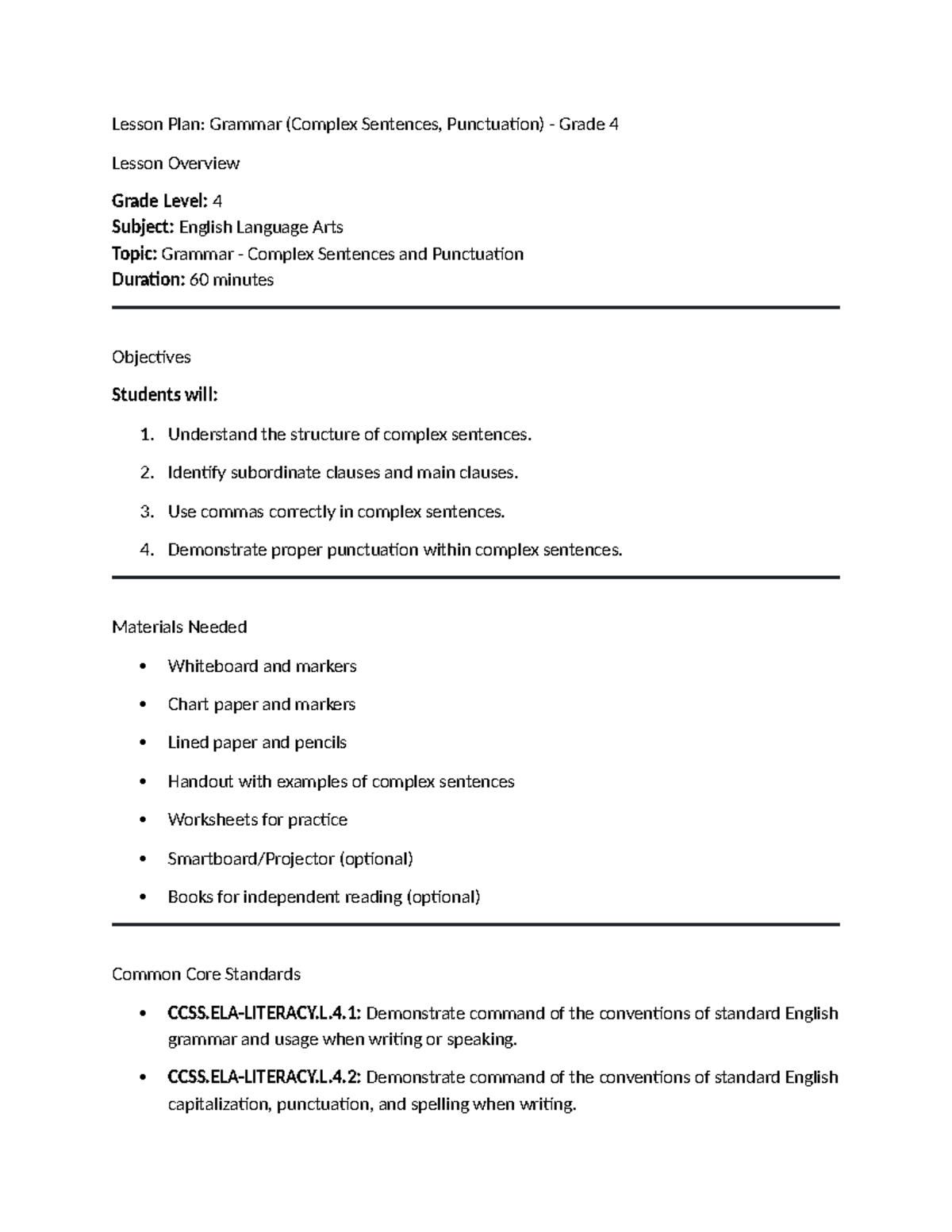 Lesson Plan: Complex Sentences & Punctuation for Grade 4 - ELA - Studocu