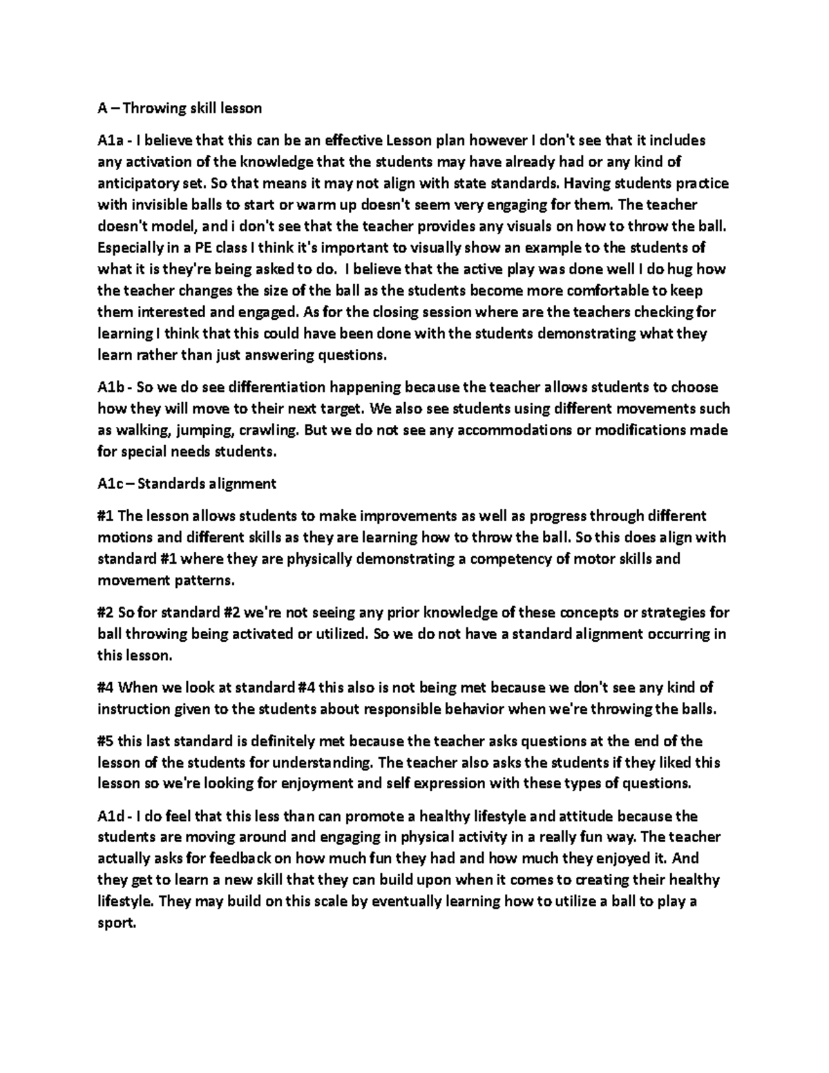 PE Summary and Lesson Plan - A – Throwing skill lesson A1a - I believe ...