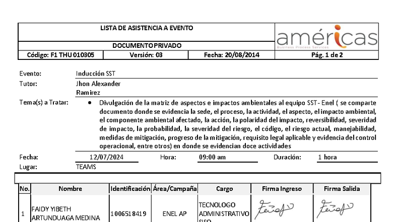 Acta de Asistencia Evento SST - Enel Código: F1 THU 010305 - Studocu