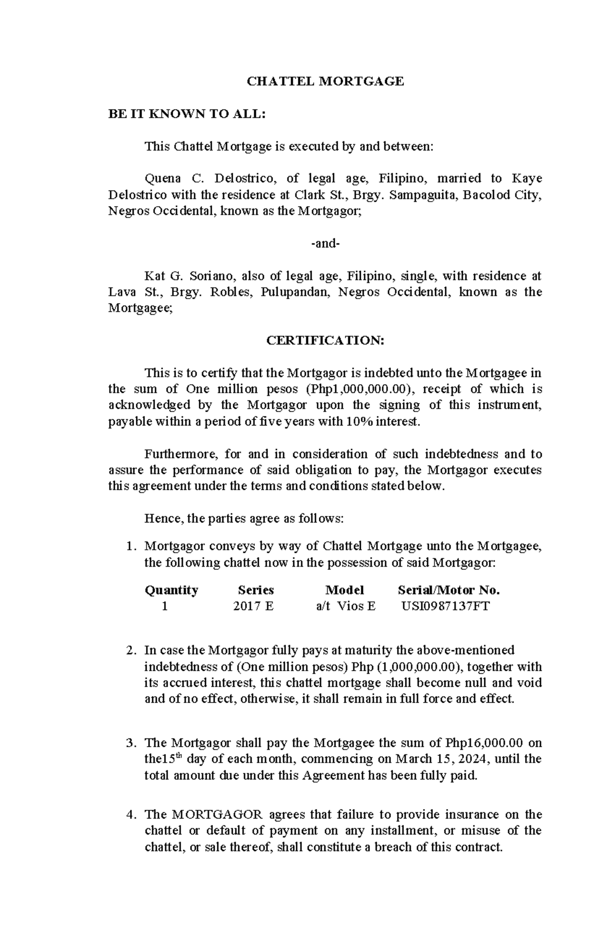 Chattel Mortgage Contract: Terms and Conditions Overview - Studocu