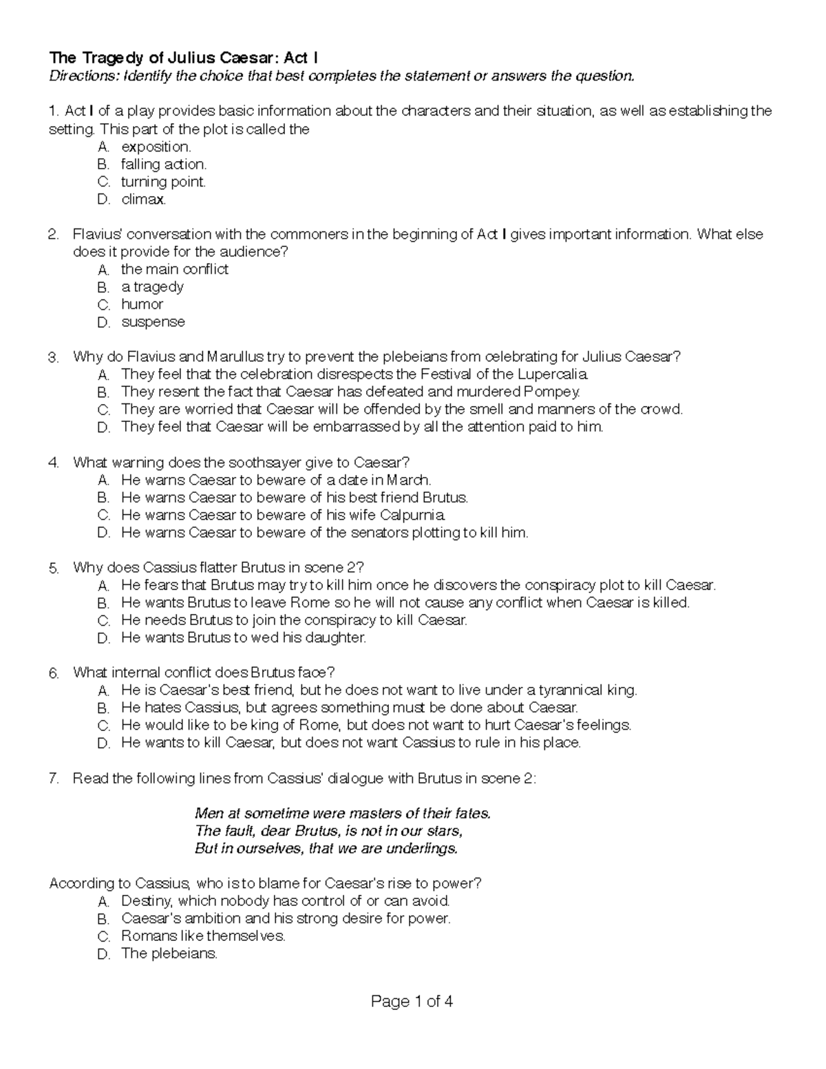 Shakespeares The Tragedyof Julius Caesar Act One Test-1 - Directions ...