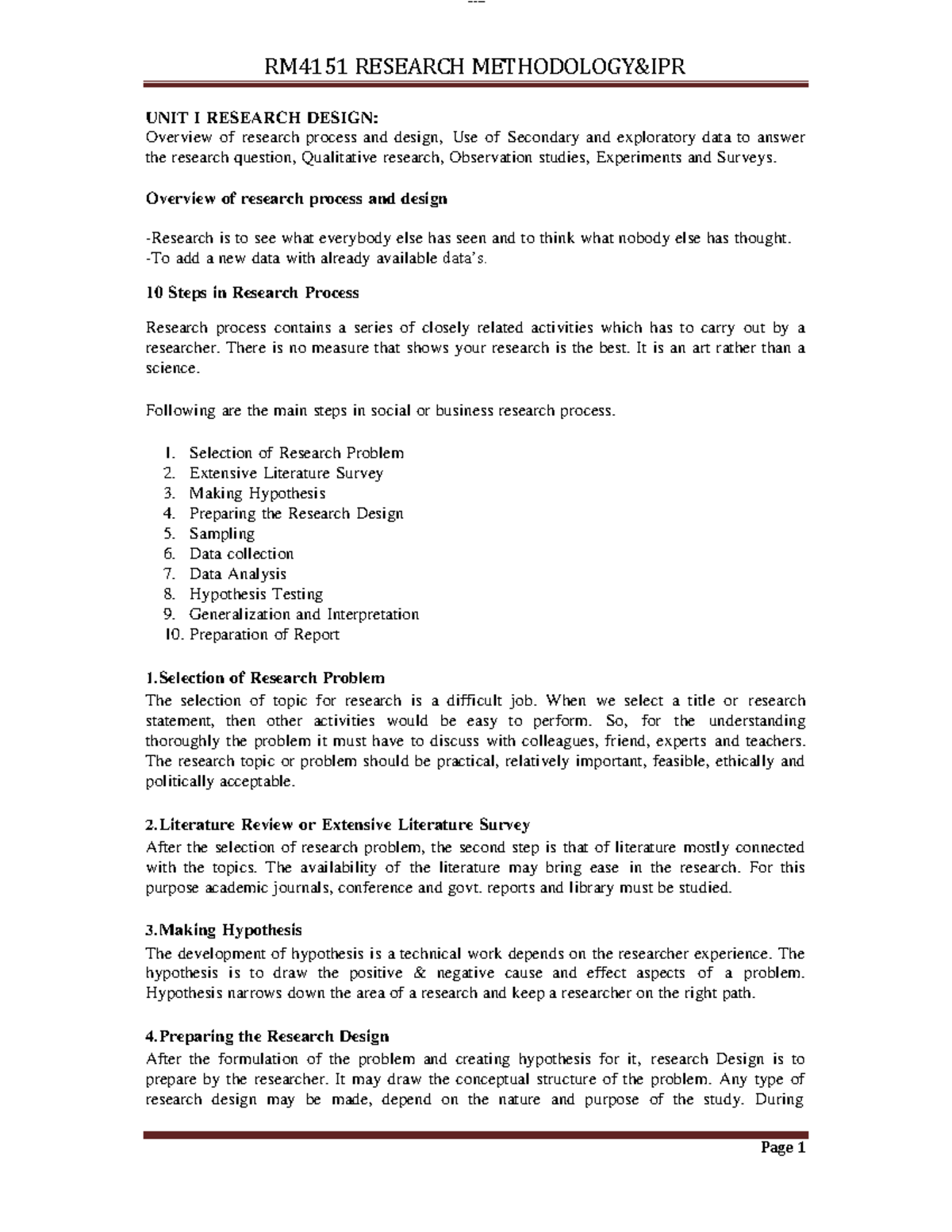 Unit 1 RM4151 Research Design: Overview, Steps, and Methods - Studocu