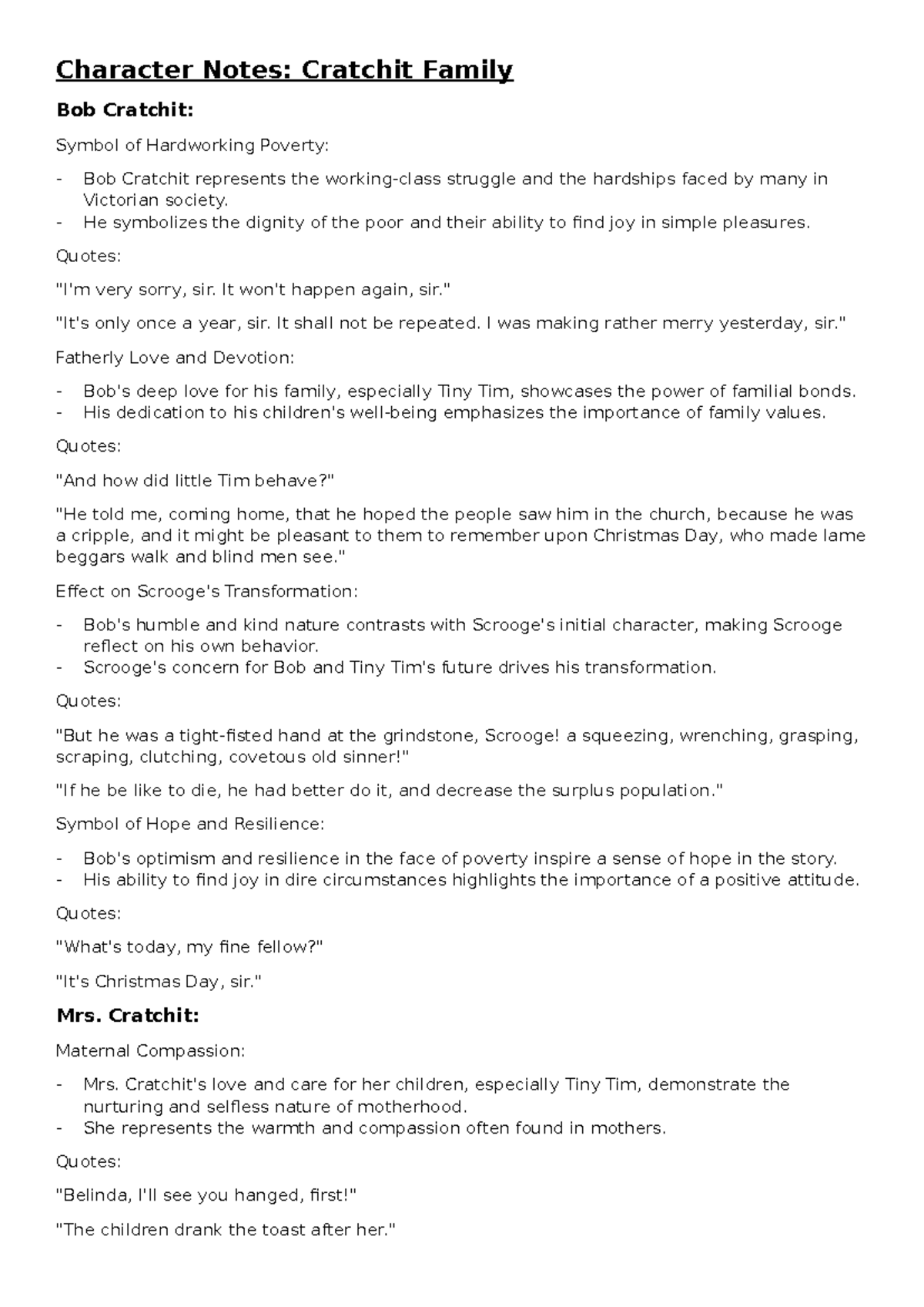 A Christmas Carol Character Notes: The Cratchit Family Analysis - Studocu