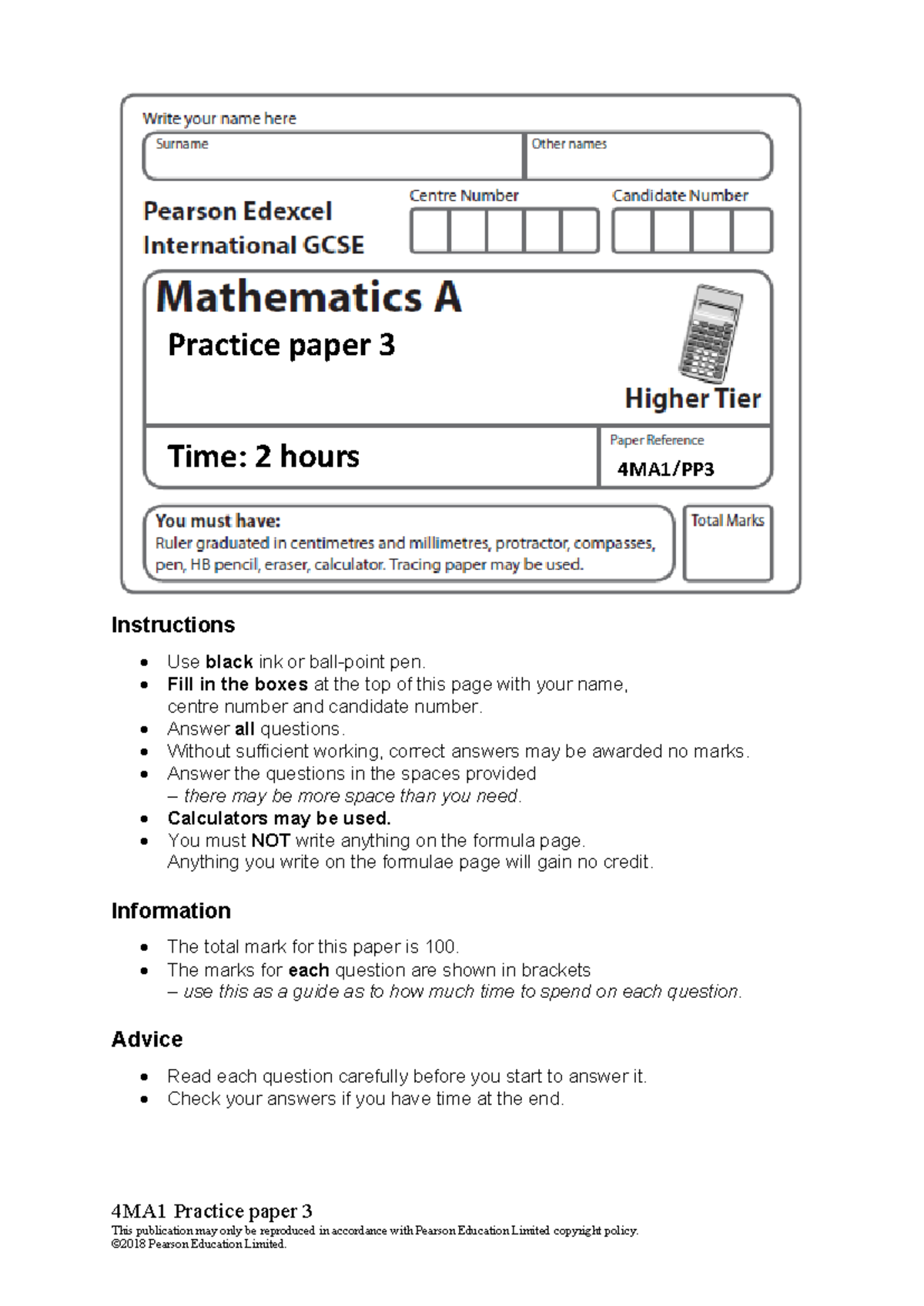 Igcse (9-1) Maths - Practice Paper 3 (Time: 2 Hours) - Studocu