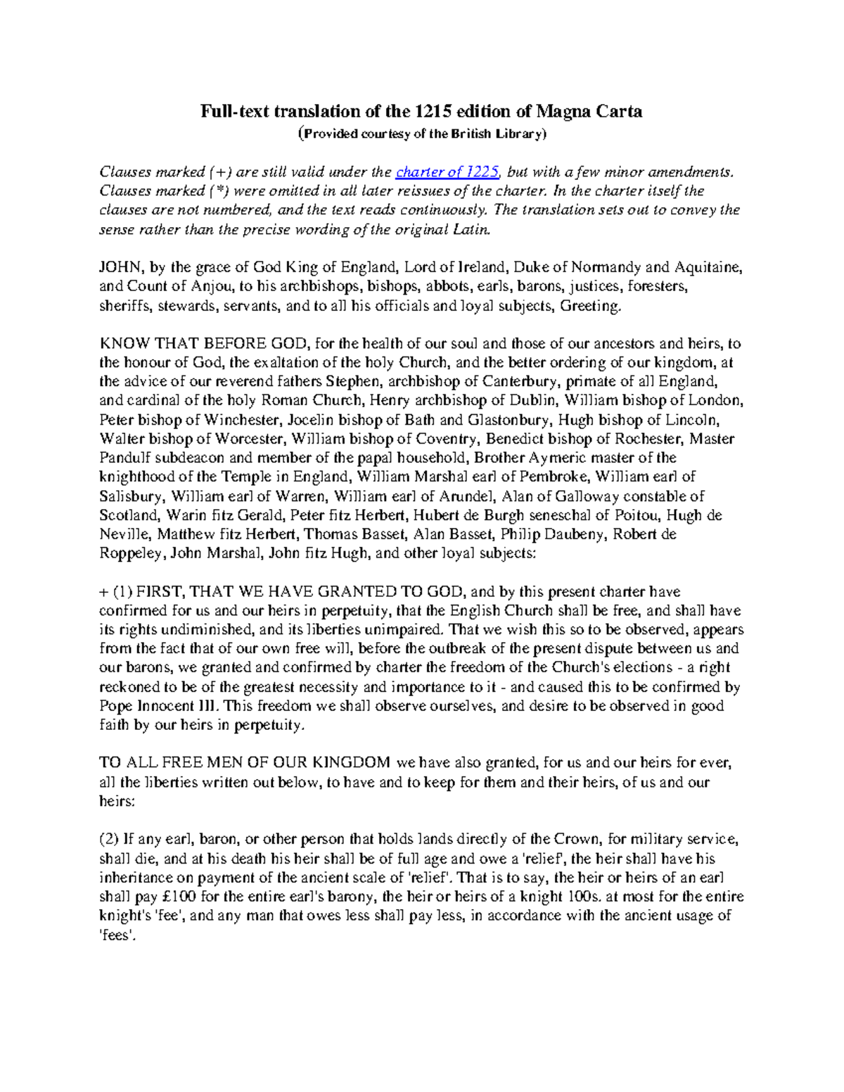 Translation of the 1215 Edition of Magna Carta: Key Clauses Explained ...