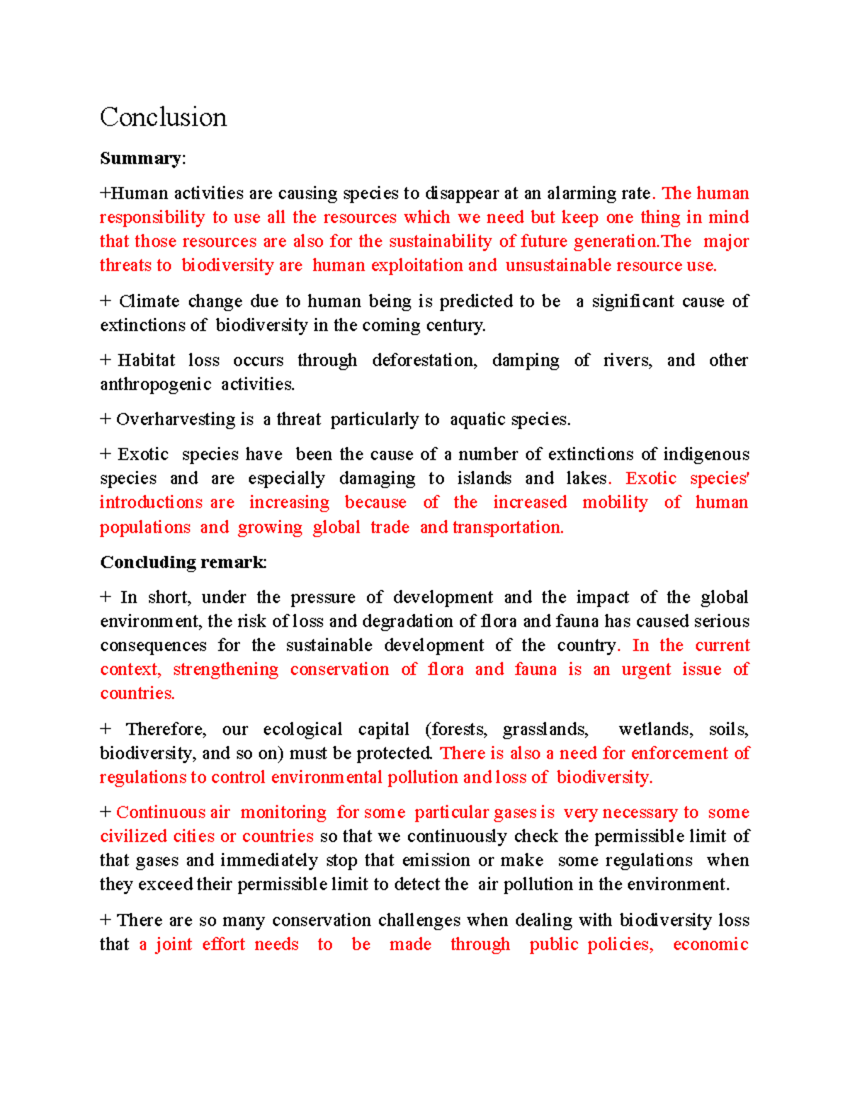 Conclusion on Biodiversity Loss and Human Responsibility - IELTS - Studocu