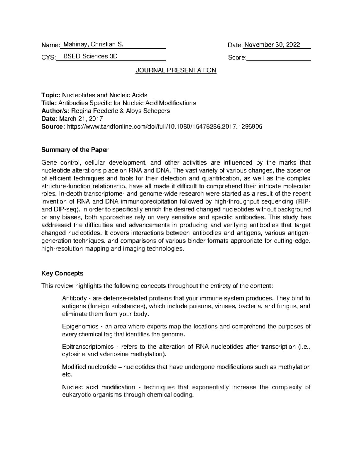 BSED Sciences 3D: Journal Report on Antibodies for Nucleic Acid ...
