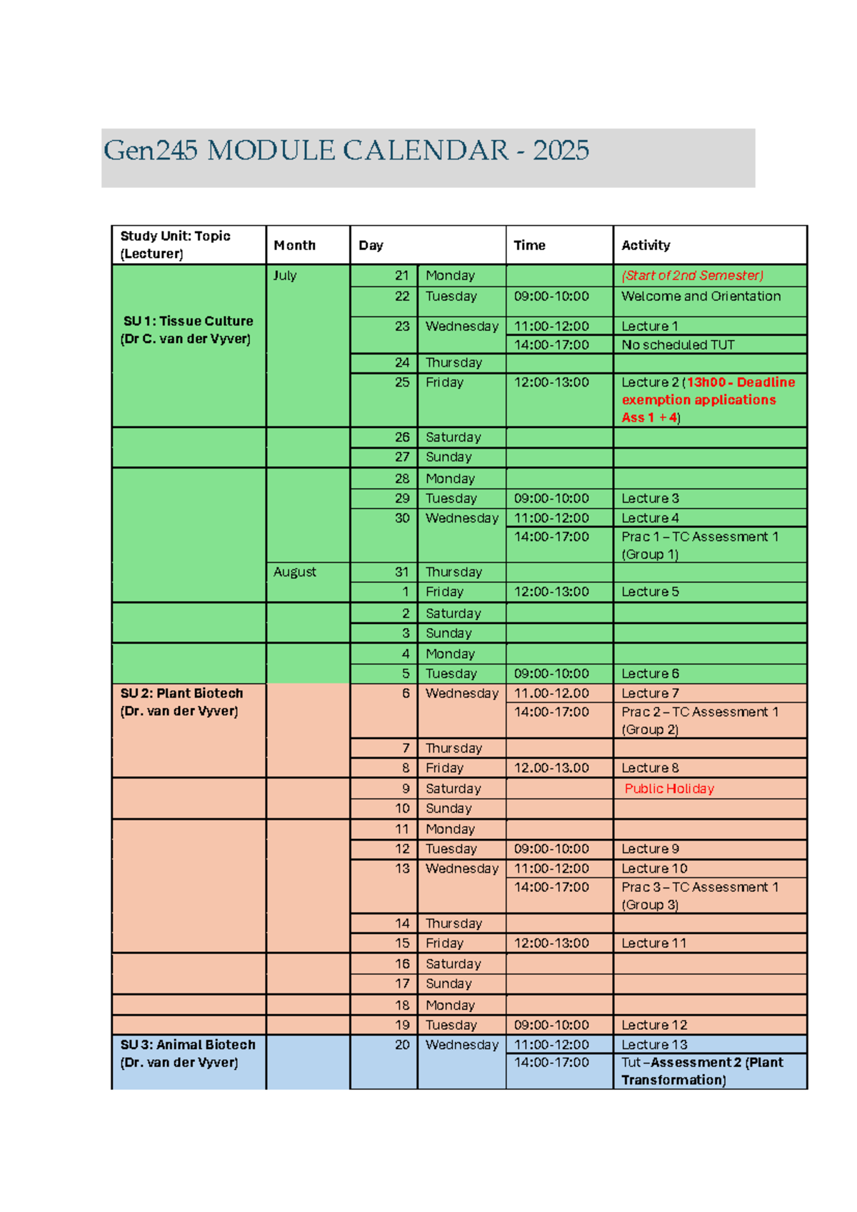 Gen245 Biotech Module Calendar 2025: Key Dates & Activities - Studocu