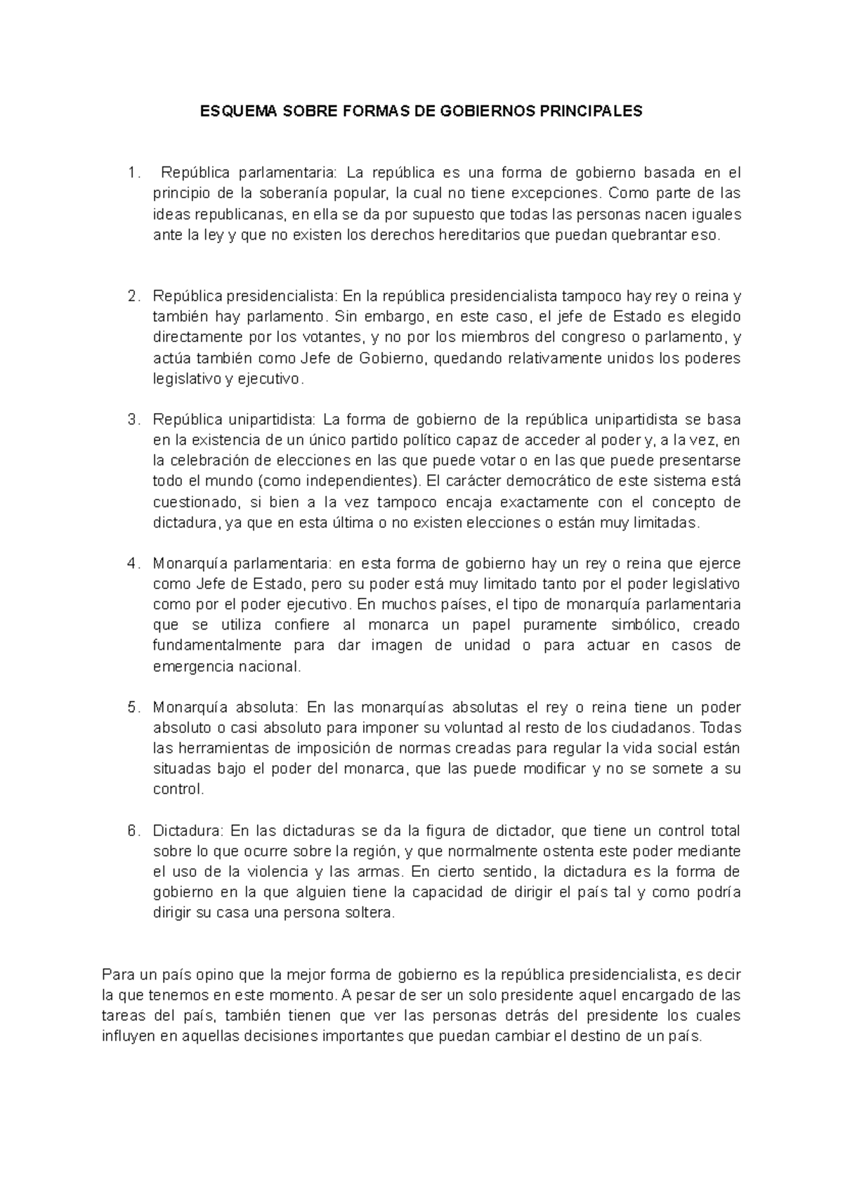 Act 13 Parte individual - ESQUEMA SOBRE FORMAS DE GOBIERNOS PRINCIPALES ...