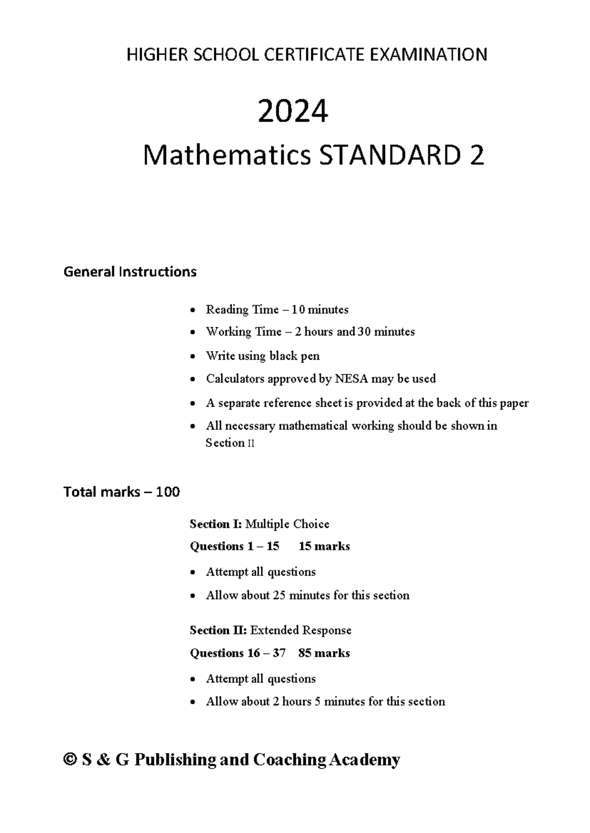 2024 Year 12 Mathematics Standard 2 Trial Examination Paper - Studocu