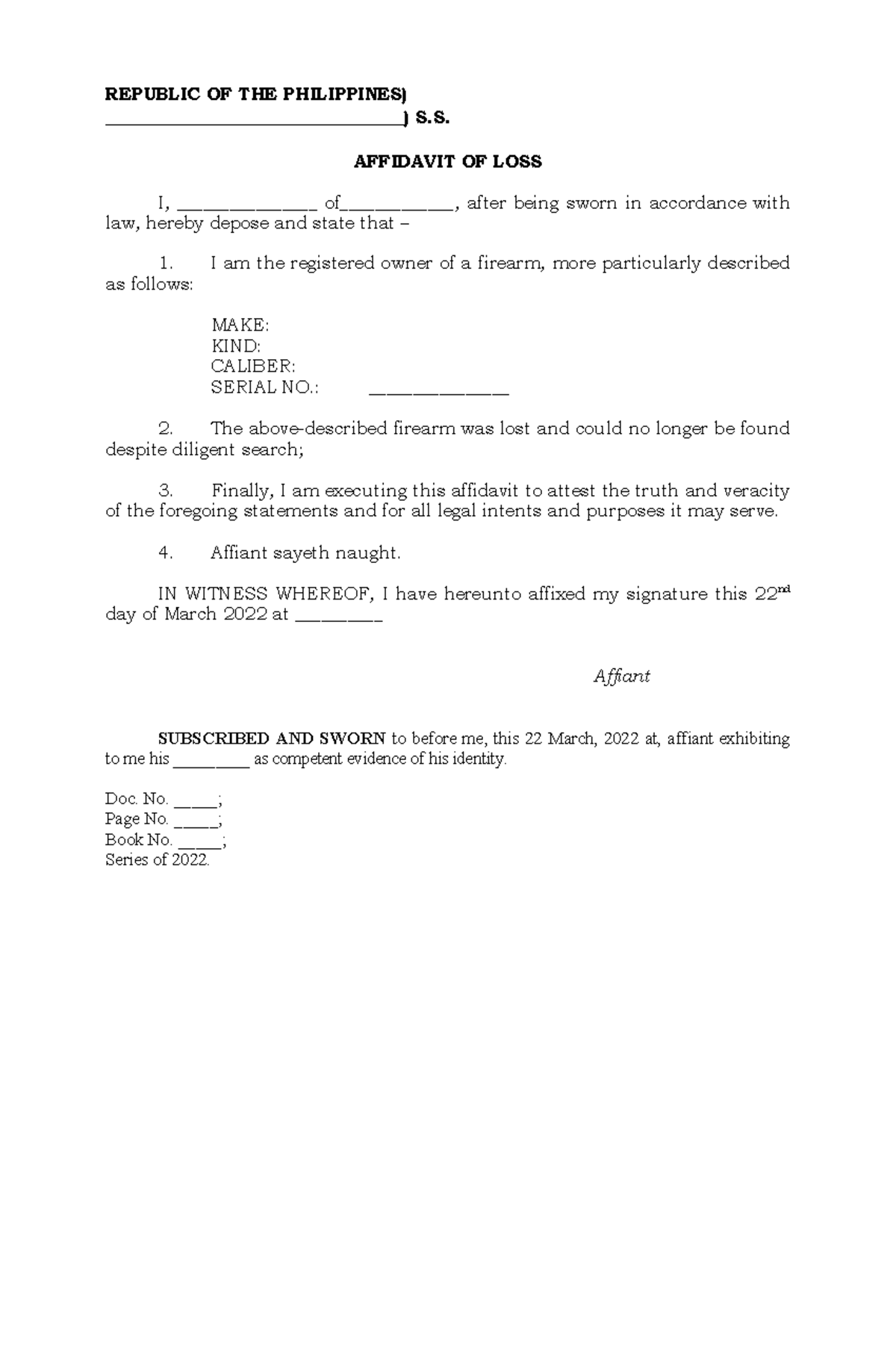 Affidavit of Loss of Firearm - Philippines Legal Document - Studocu