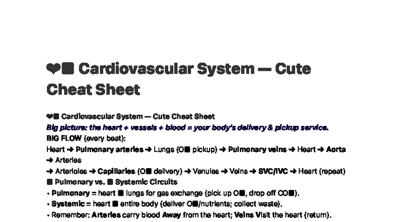 Cardiovascular System Overview: Key Concepts & Cheat Sheet - Studocu