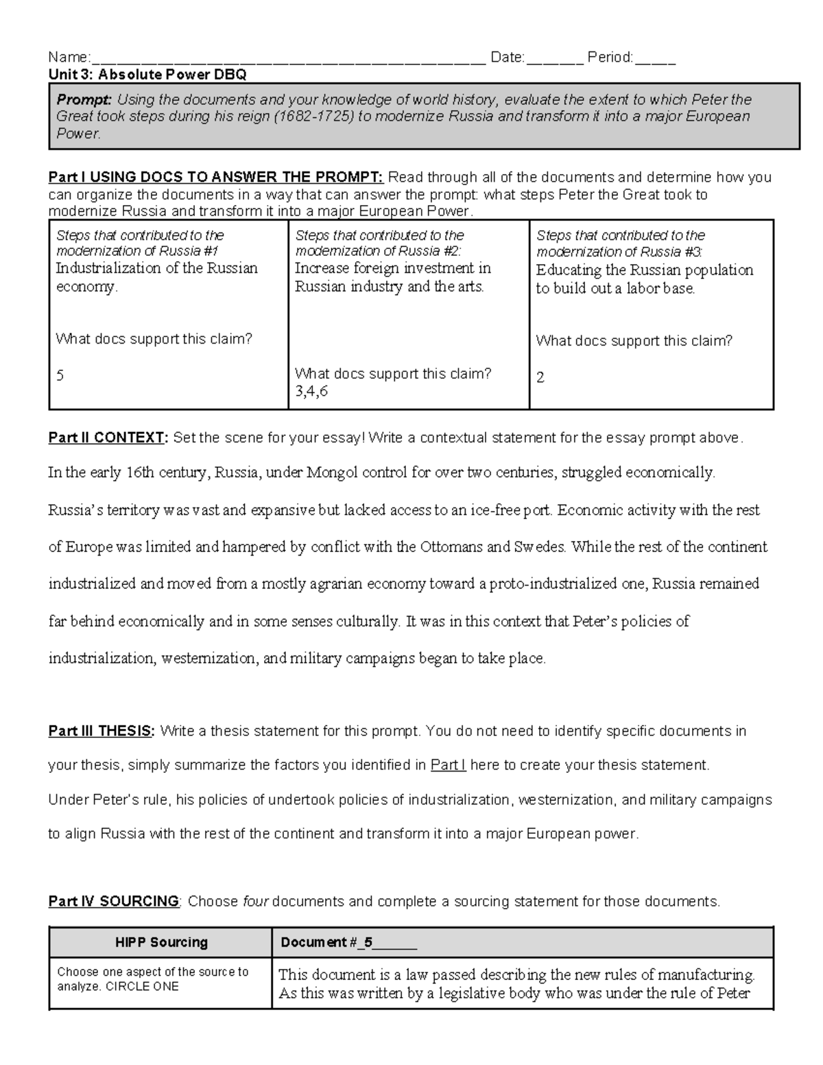 Copy of DBQ - Peter the Great ( Amsco Textbook) - - Studocu