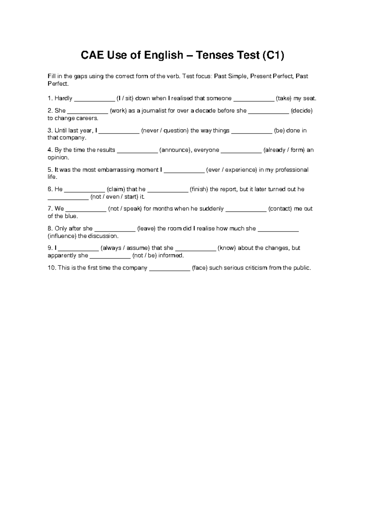 CAE Use of English Tenses Test (C1) with Answer Key and Grading Scale ...