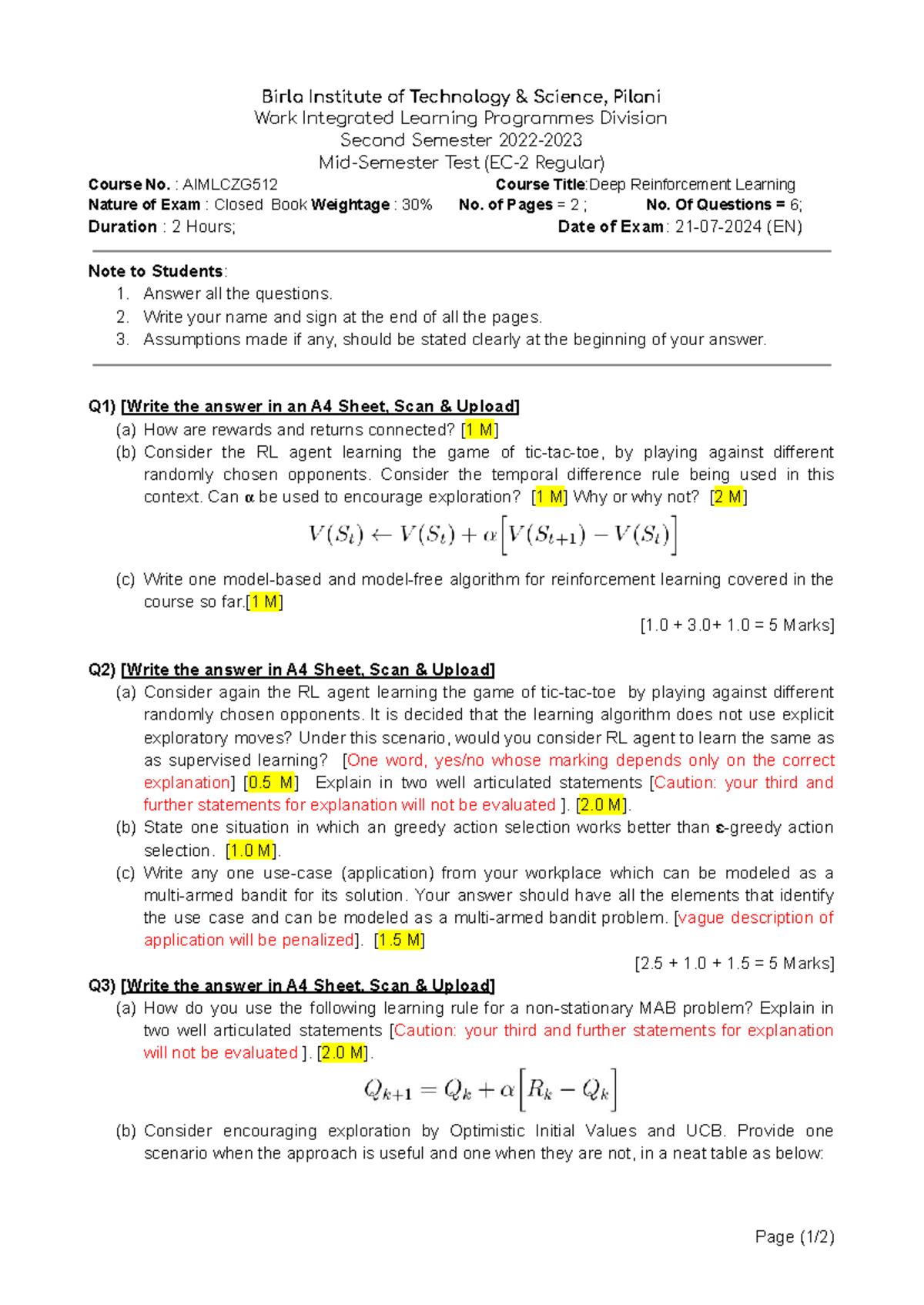 2023-24 AIMLCZG512 Deep Reinforcement Learning Mid Sem Exam Guide - Studocu