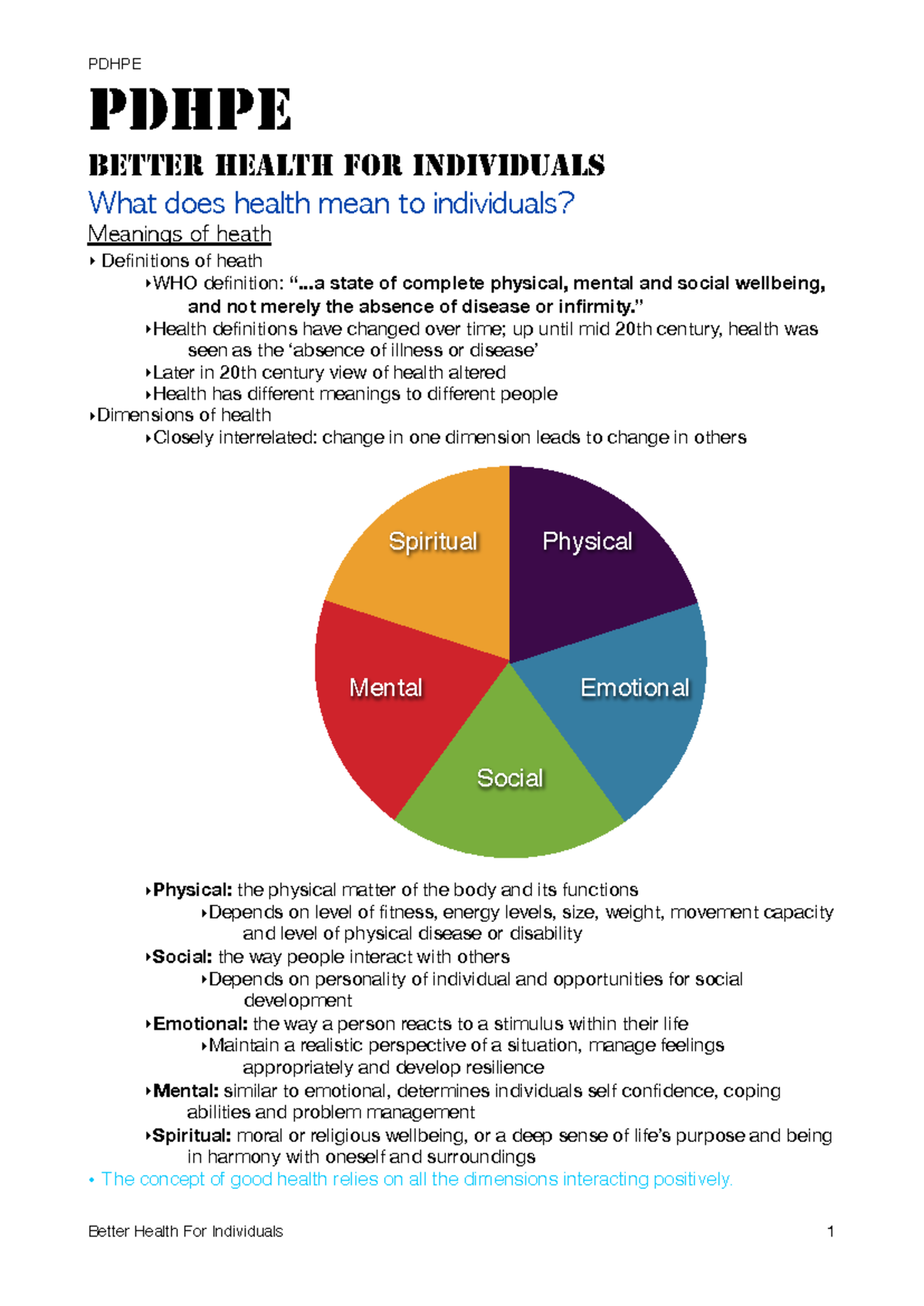 PDHPE Prelim Core 1: Health Definitions & Dimensions Explained - Studocu
