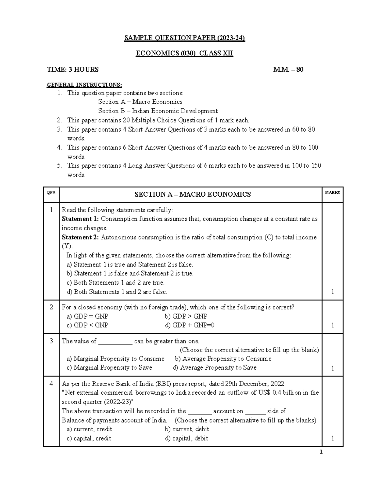 Economics Sample Question Paper (030) Class XII - 3 Hours - Studocu
