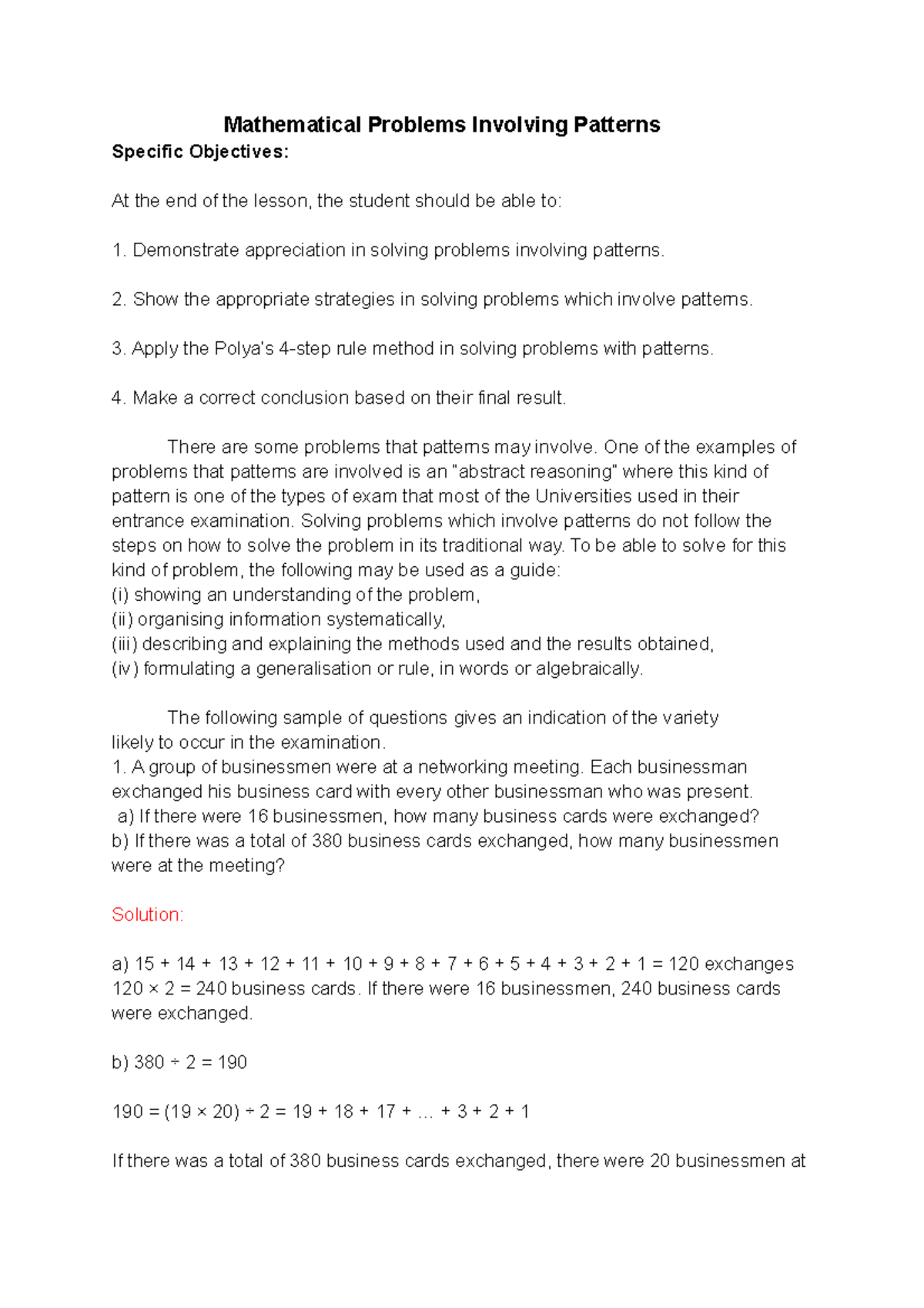 Math Problem Involving Pattern - Mathematical Problems Involving Patterns Specific Objectives ...
