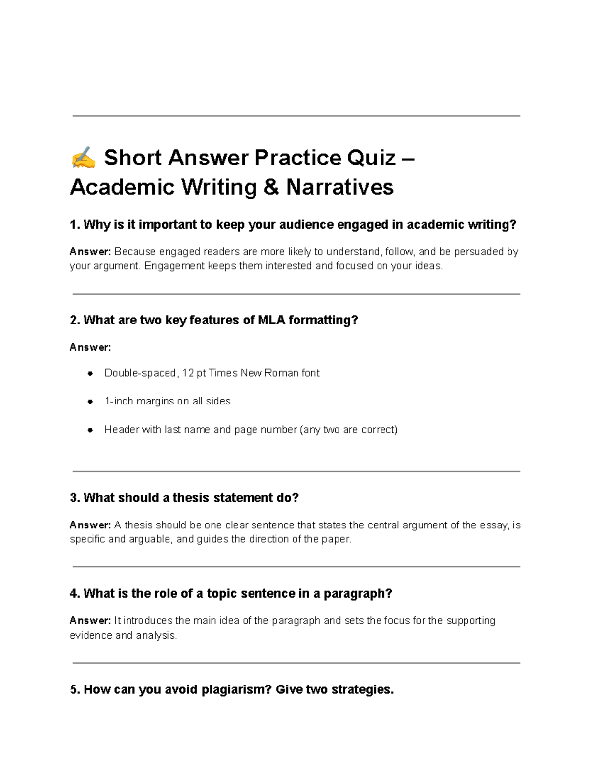 Short Answer Practice Quiz: Academic Writing & Narratives - Studocu