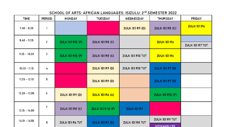 PMB ZULN 101: Isizulu 2nd Semester 2022 Timetable - Studocu