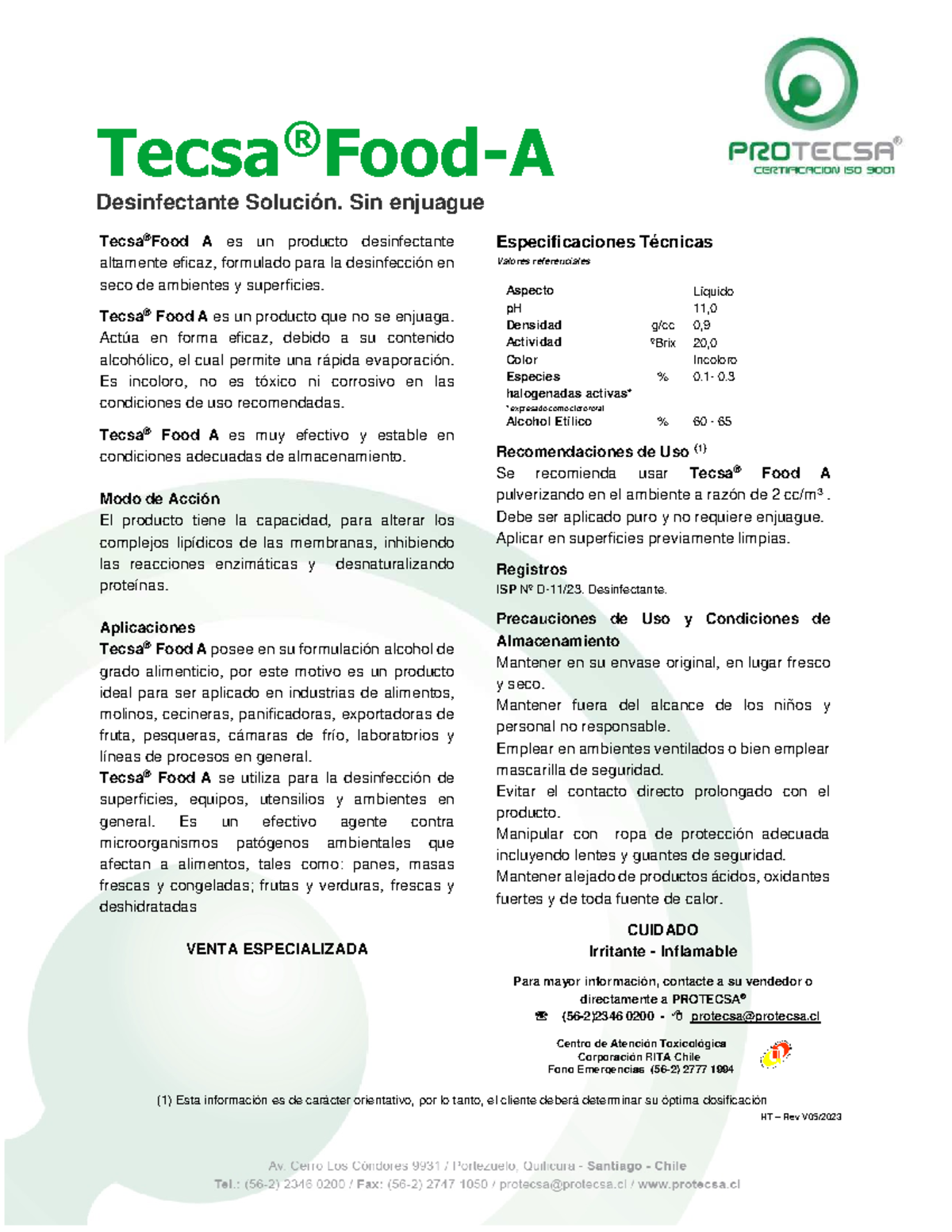 Tecsa Food A - Desinfectante Eficiente para Ambientes y Superficies ...