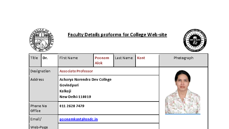 Zoology Faculty Profile: Dr. Poonam A. Kant, Associate Prof. - Studocu