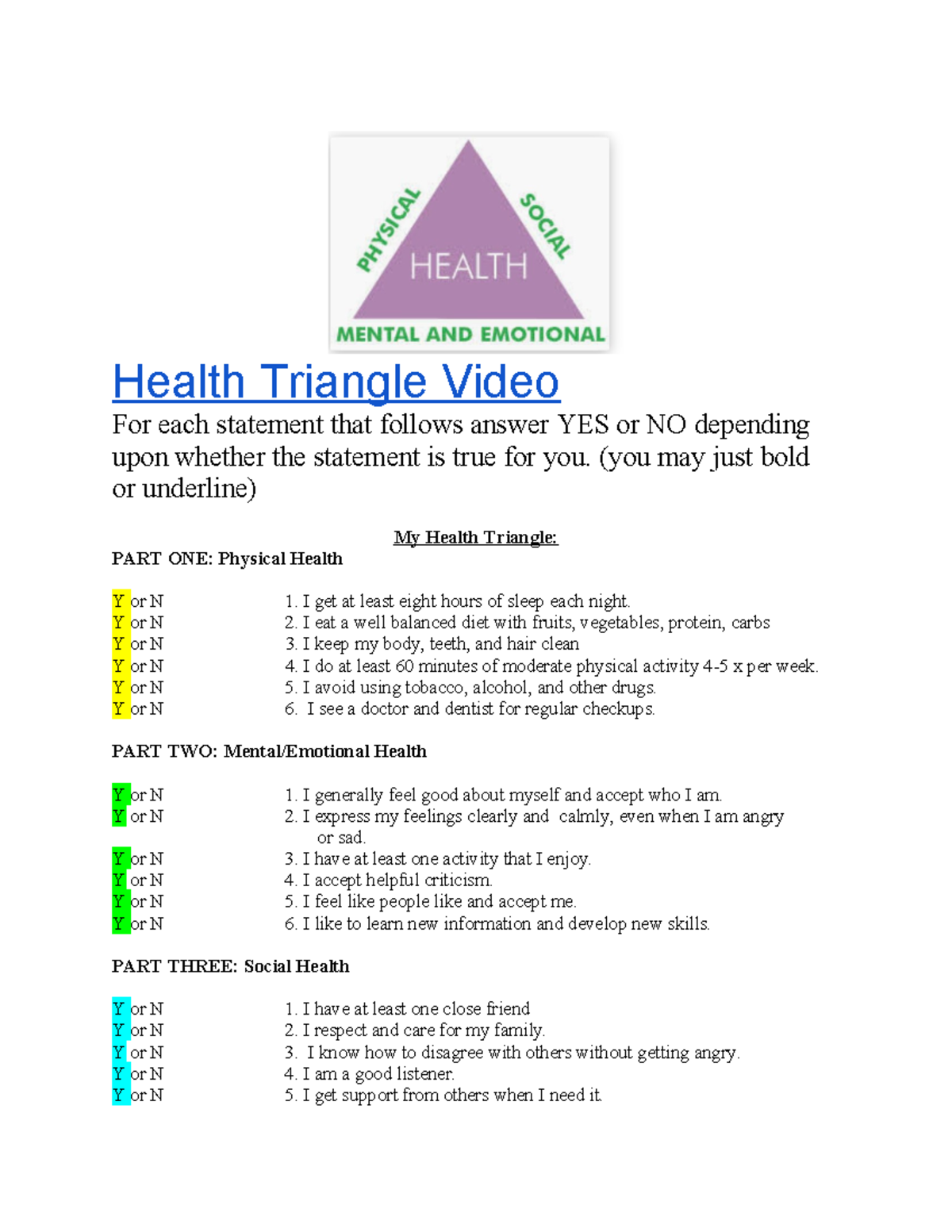Health Triangle Assignment - Class Activity on Wellness Factors - Studocu