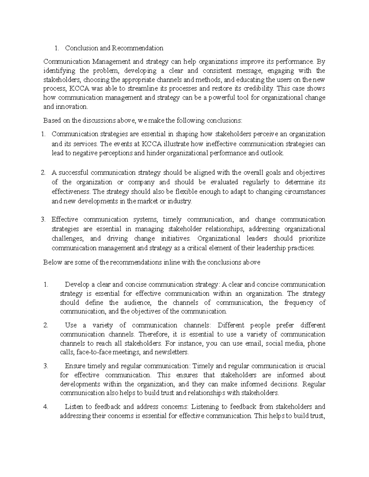 Conclusion and Recommendations on Communication Strategy Management ...