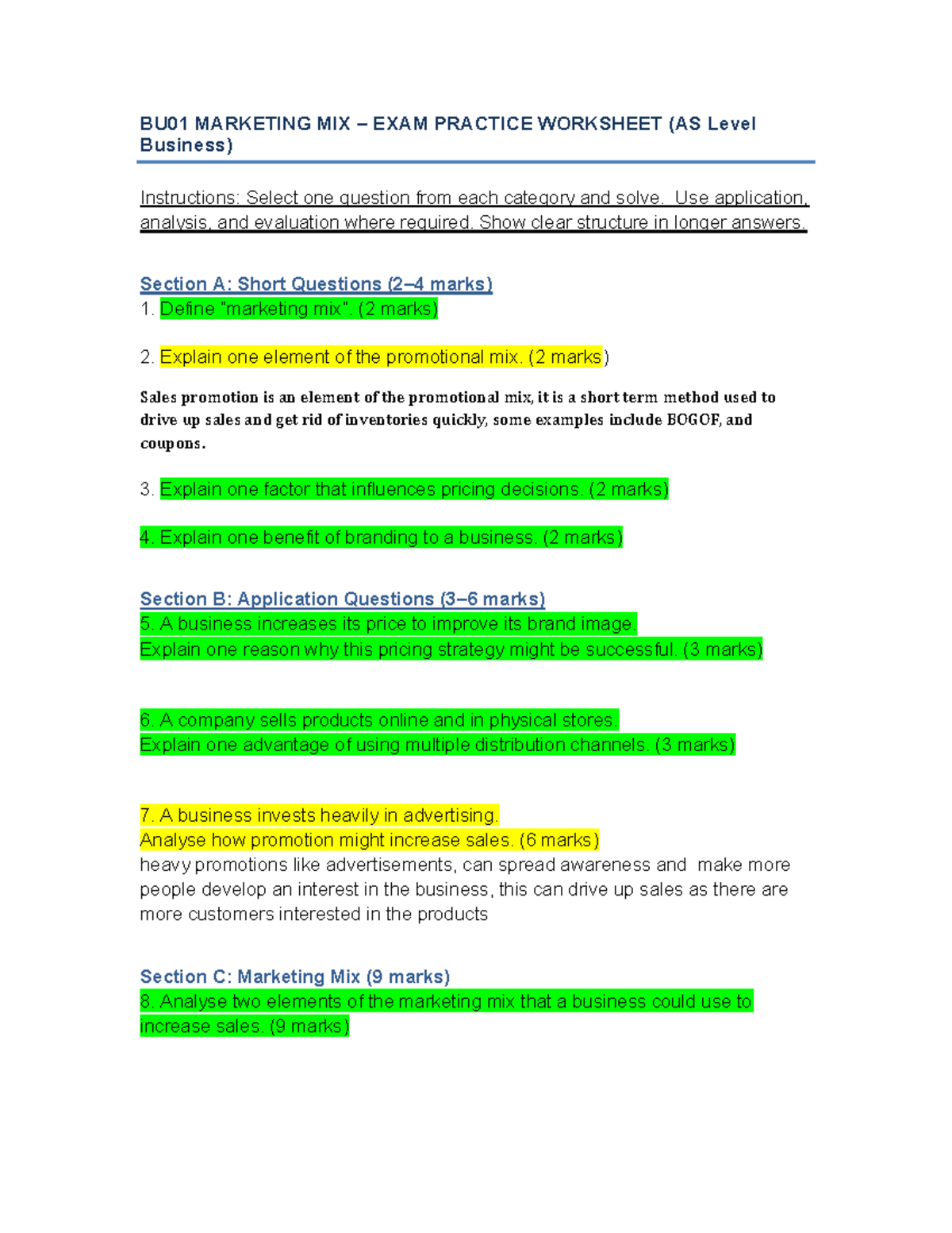 BU01 MARKETING MIX EXAM PRACTICE WORKSHEET (AS Level Business) - Studocu