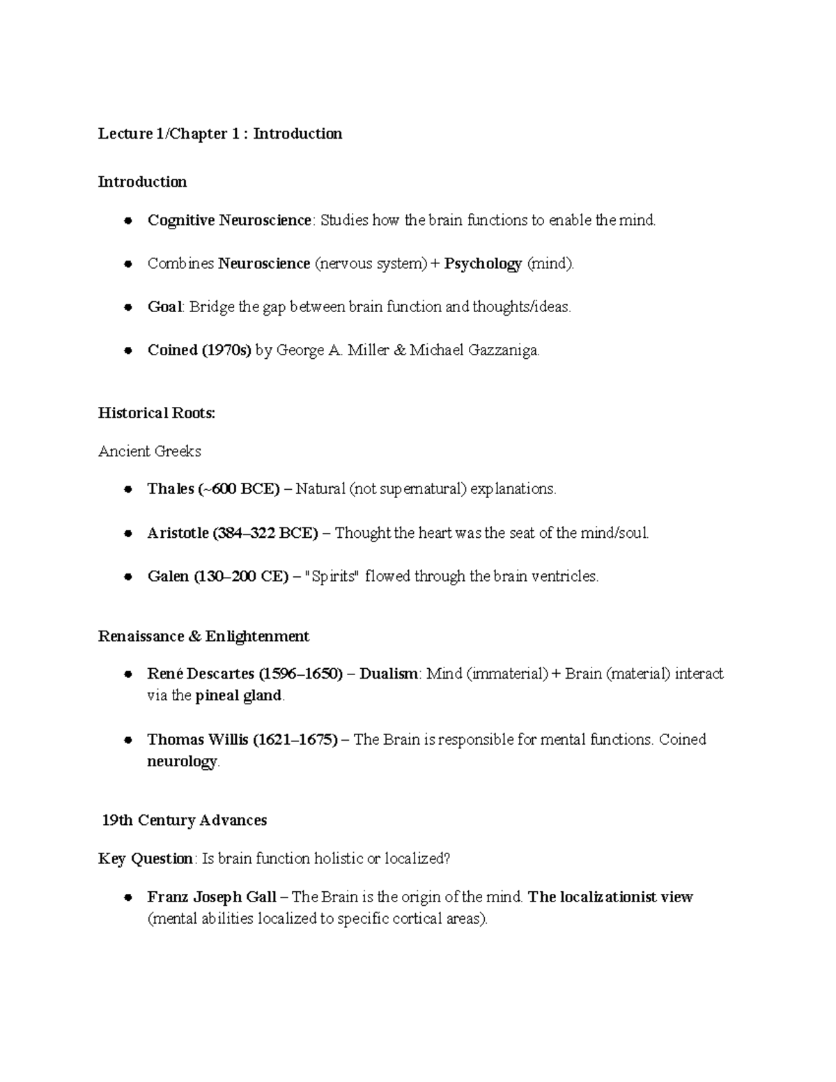 Cognitive Neuroscience Lecture 1: Introduction to Brain Function - Studocu