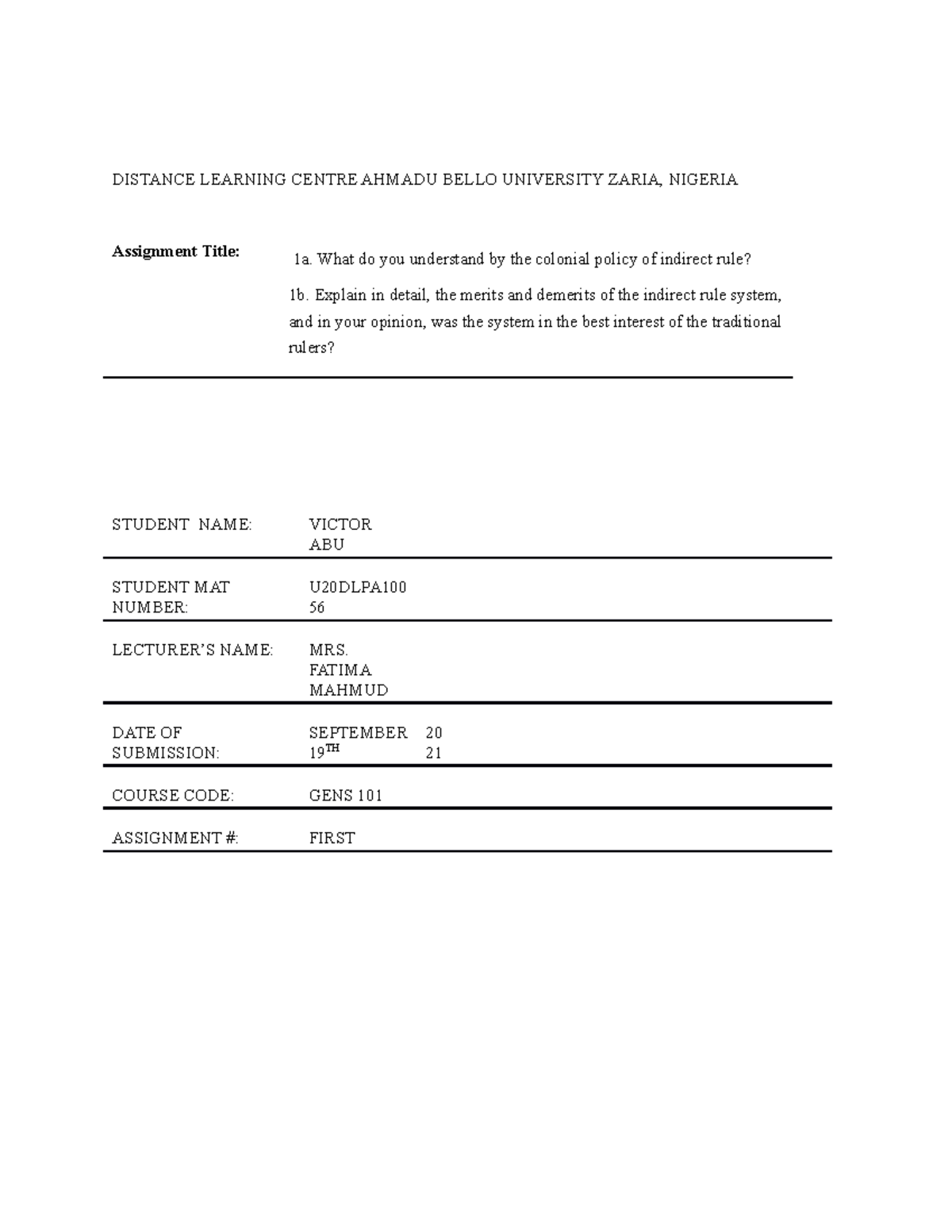 Distance Learning Centre Ahmadu Bello University Zaria (GENS 101 ...
