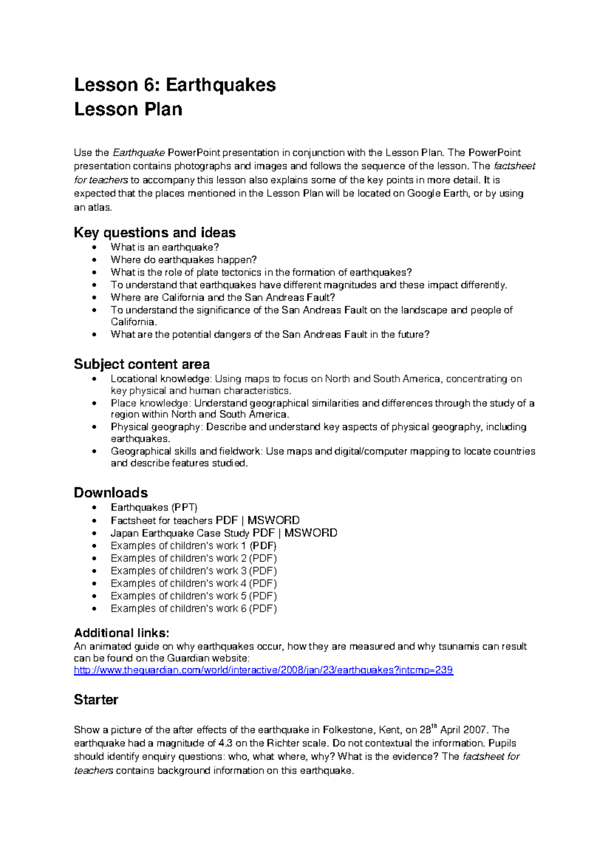 KS2 MVE Earthquakes Lesson Plan - Lesson 6: Earthquakes Lesson Plan Use ...