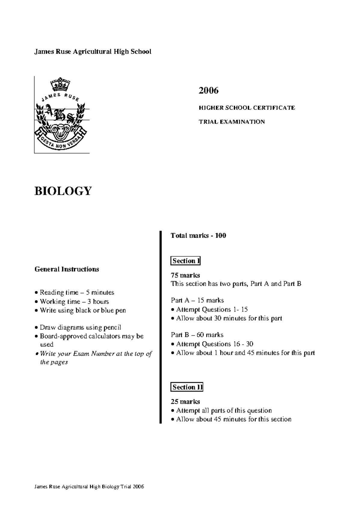 James Ruse Agricultural High School 2006 Biology Trial Exam & Solutions ...