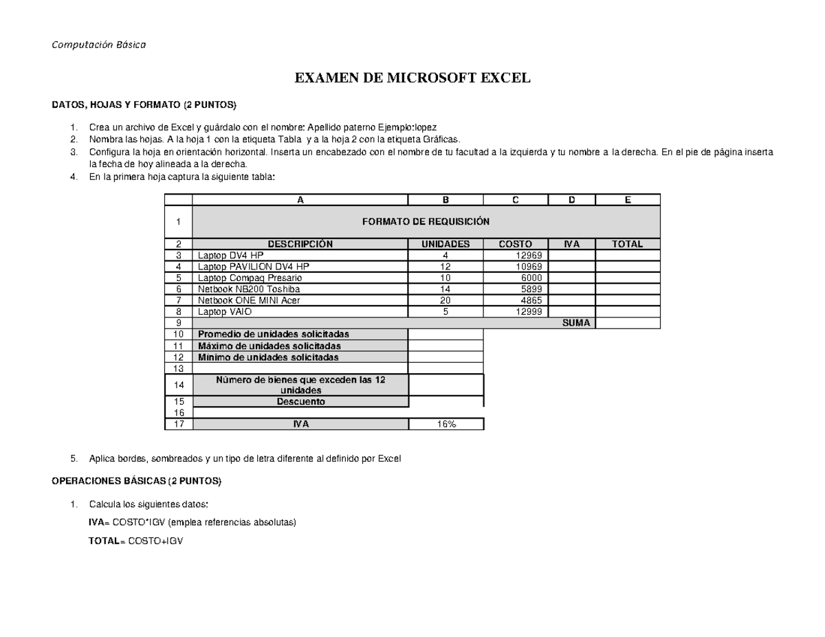 Examen de Microsoft Excel - Computación Básica - Studocu