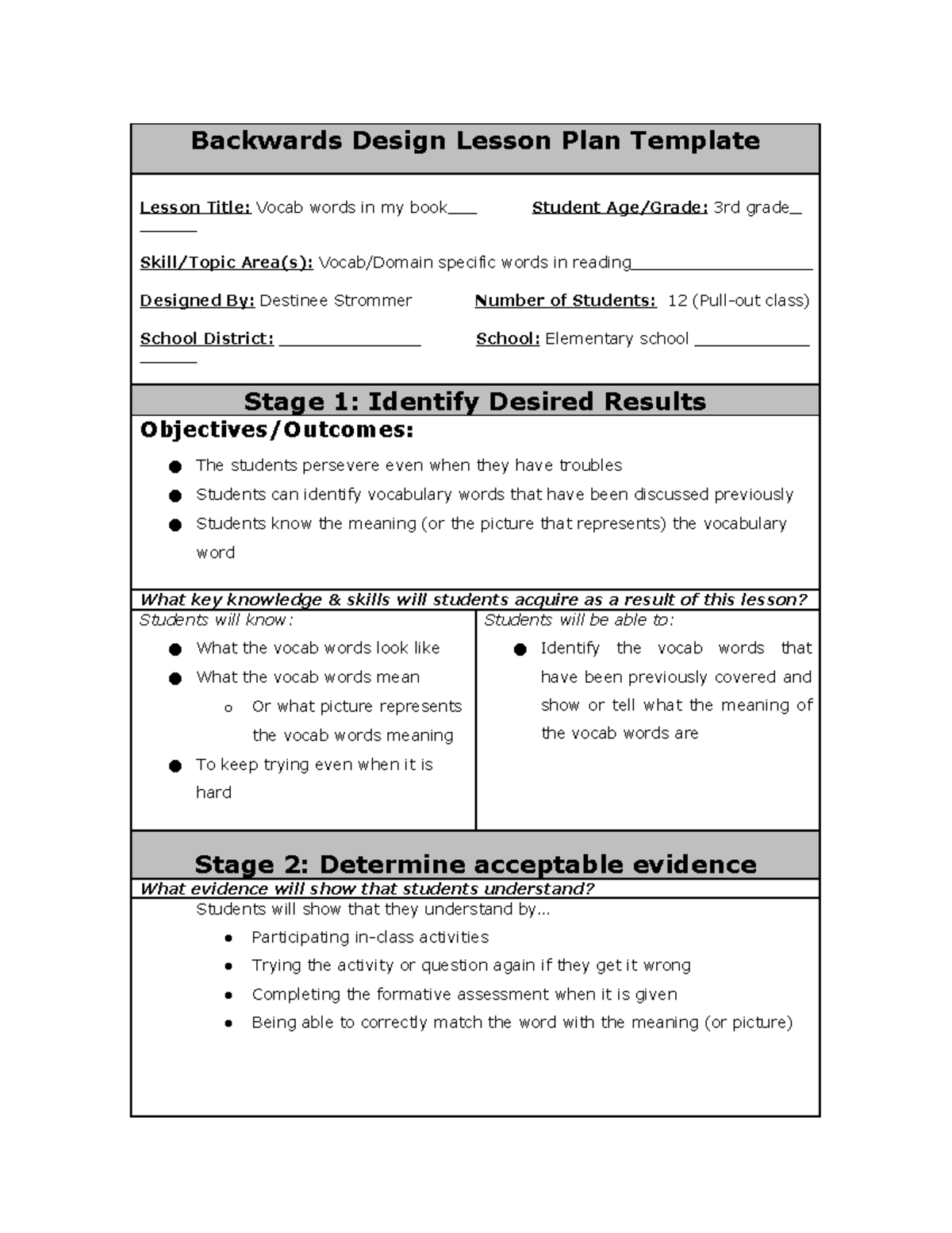 Backwards Design Lesson Plan - .. Participating in-class activities ...