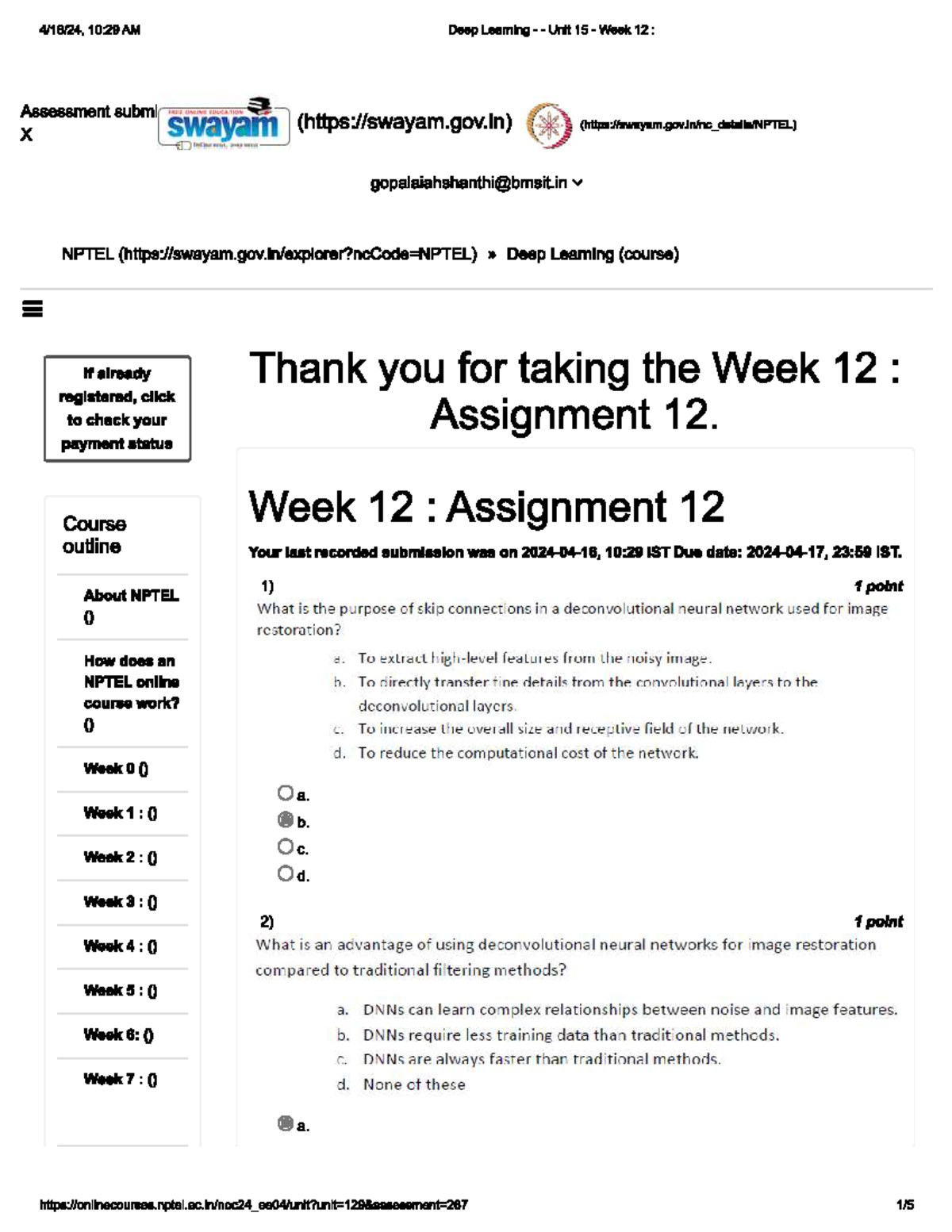 Deep Learning (NPTEL) Week 12: Assignment 12 Overview - Studocu