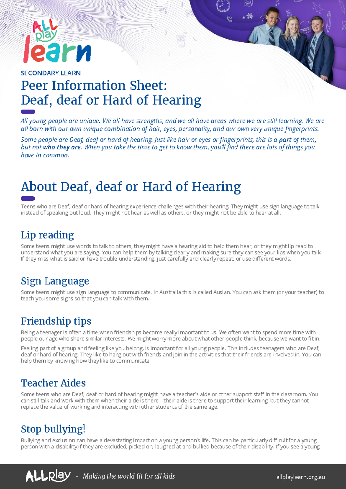 Peer Info Sheet: Understanding Deaf, deaf & Hard of Hearing Teens - Studocu