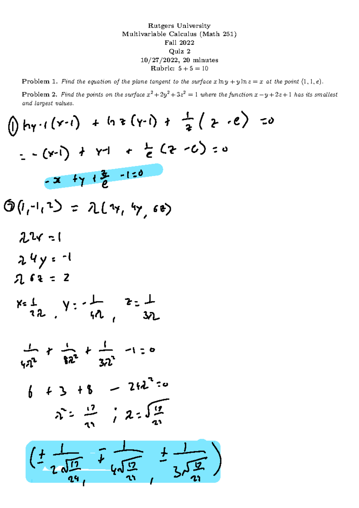 Quiz 2 Problems - Multivariable Calculus (Math 251) Fall 2022 - Studocu