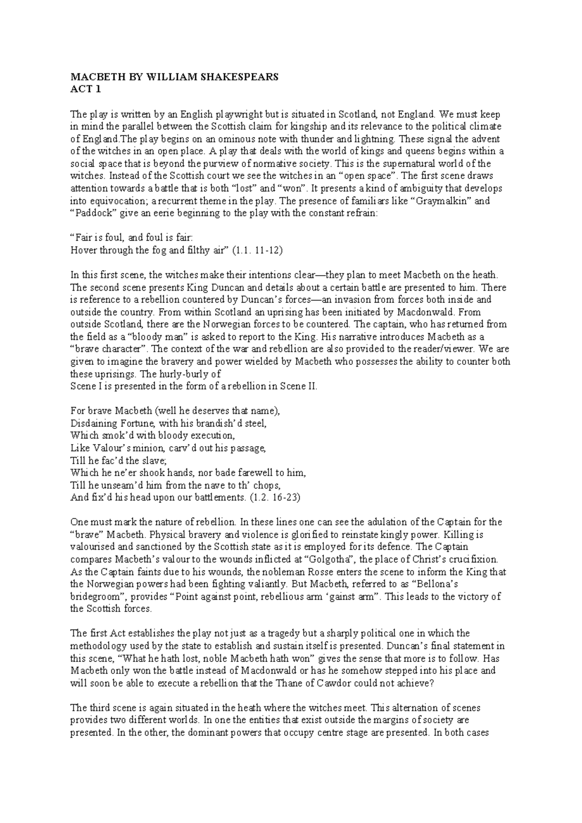 Macbeth (ENG 101): Comprehensive Study Notes on Act 1 Analysis - Studocu