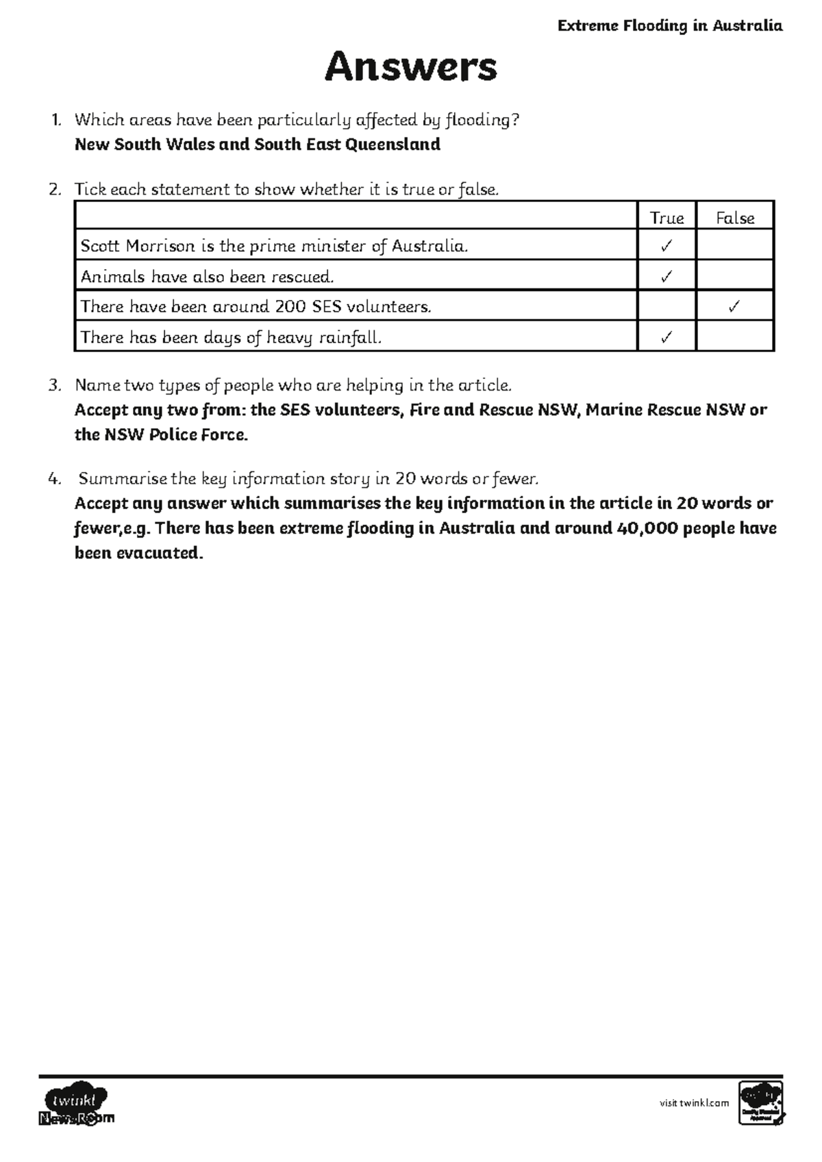 Daily Article Answers - Australian Floods - KS2 (7-9) Summary ...