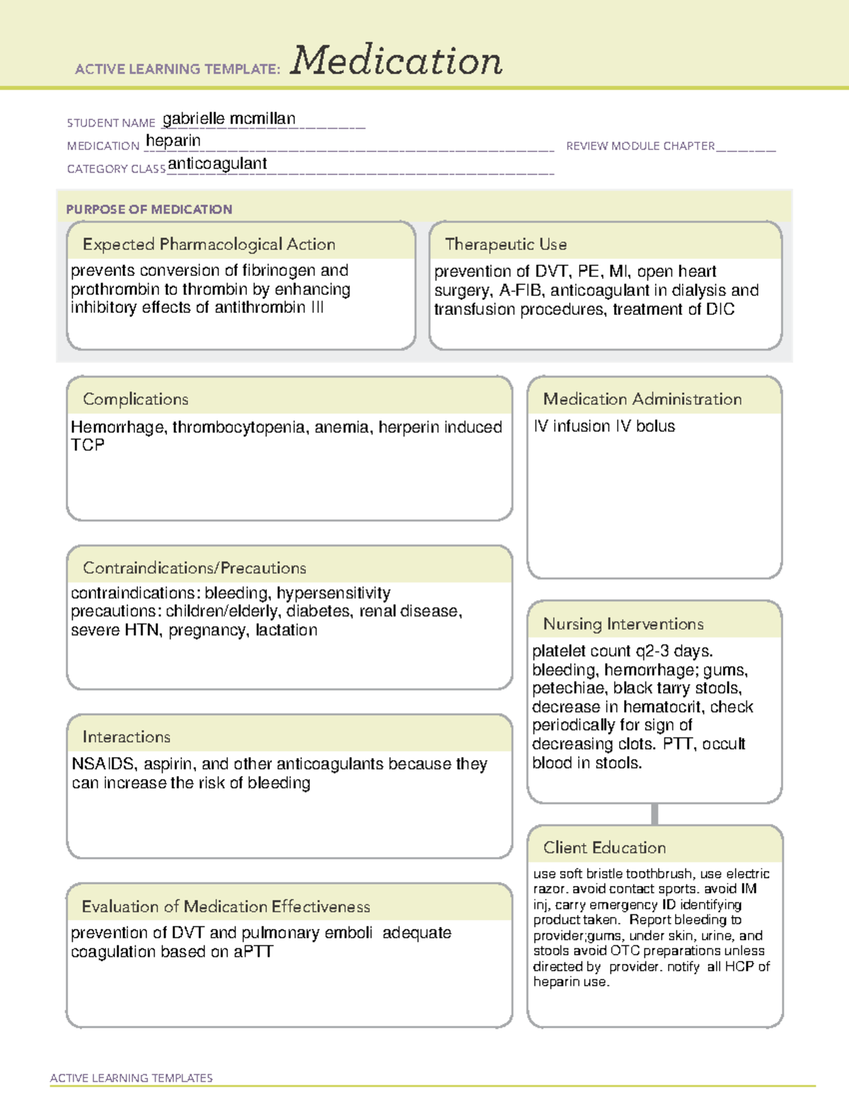 Heparin ATI Med Sheet: Active Learning Template for Anticoagulants ...