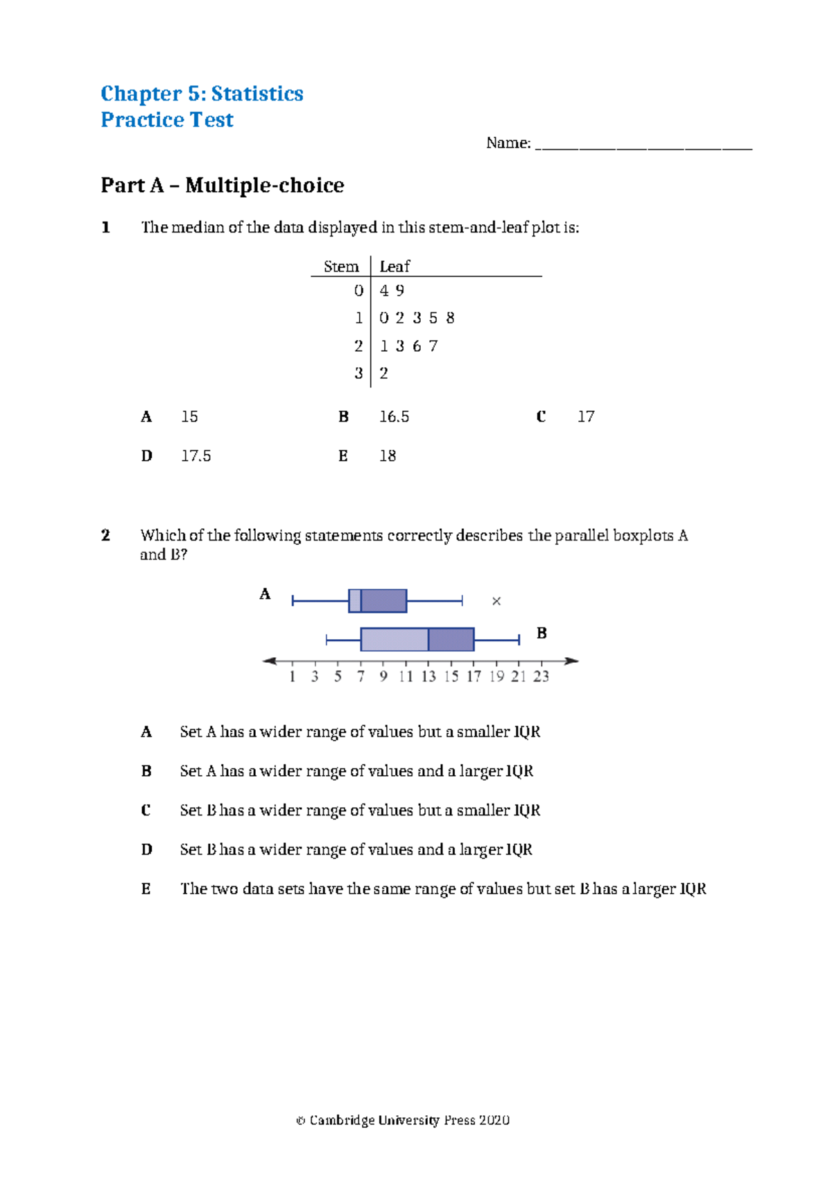 Chapter 5: Statistics Practice Test - Data Analysis & Interpretation ...