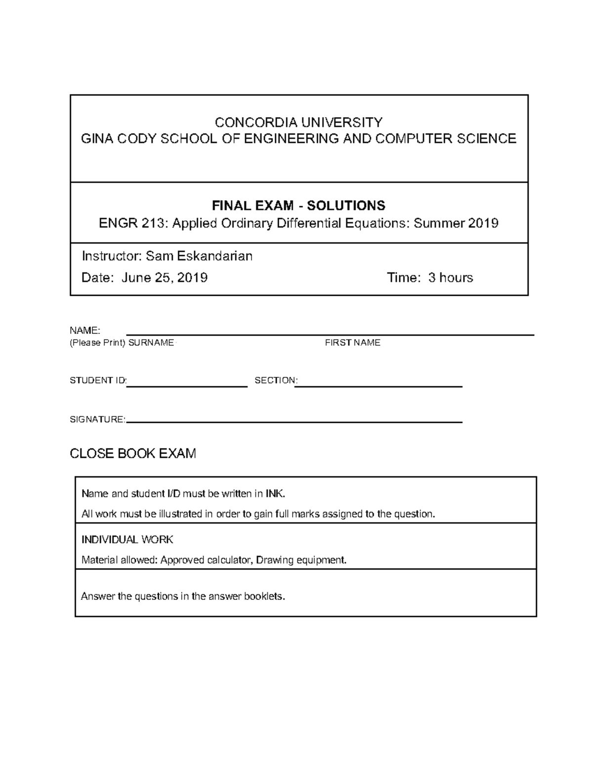 Practice Final Exam ENGR213 S2019 Solutions - CONCORDIA UNIVERSITY GINA CODY SCHOOL OF ...
