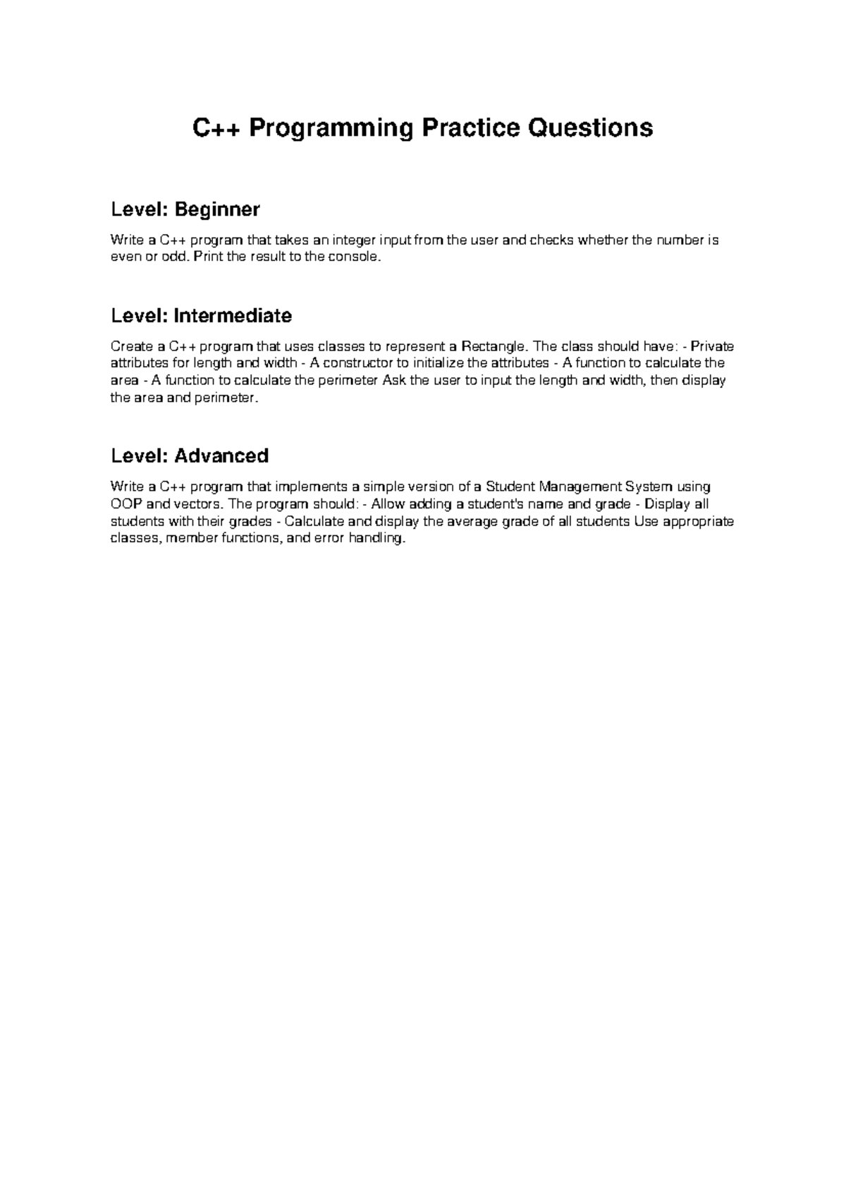 C++ Programming Practice Questions: Beginner to Advanced - Studocu