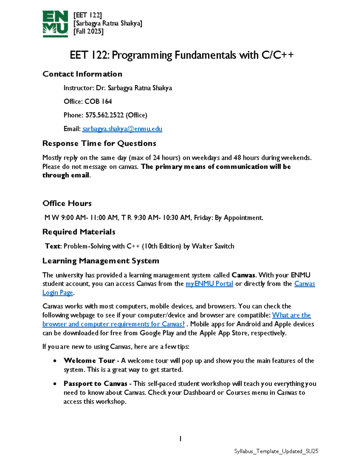 EET 122: Programming Fundamentals Syllabus for Fall 2025 - Studocu