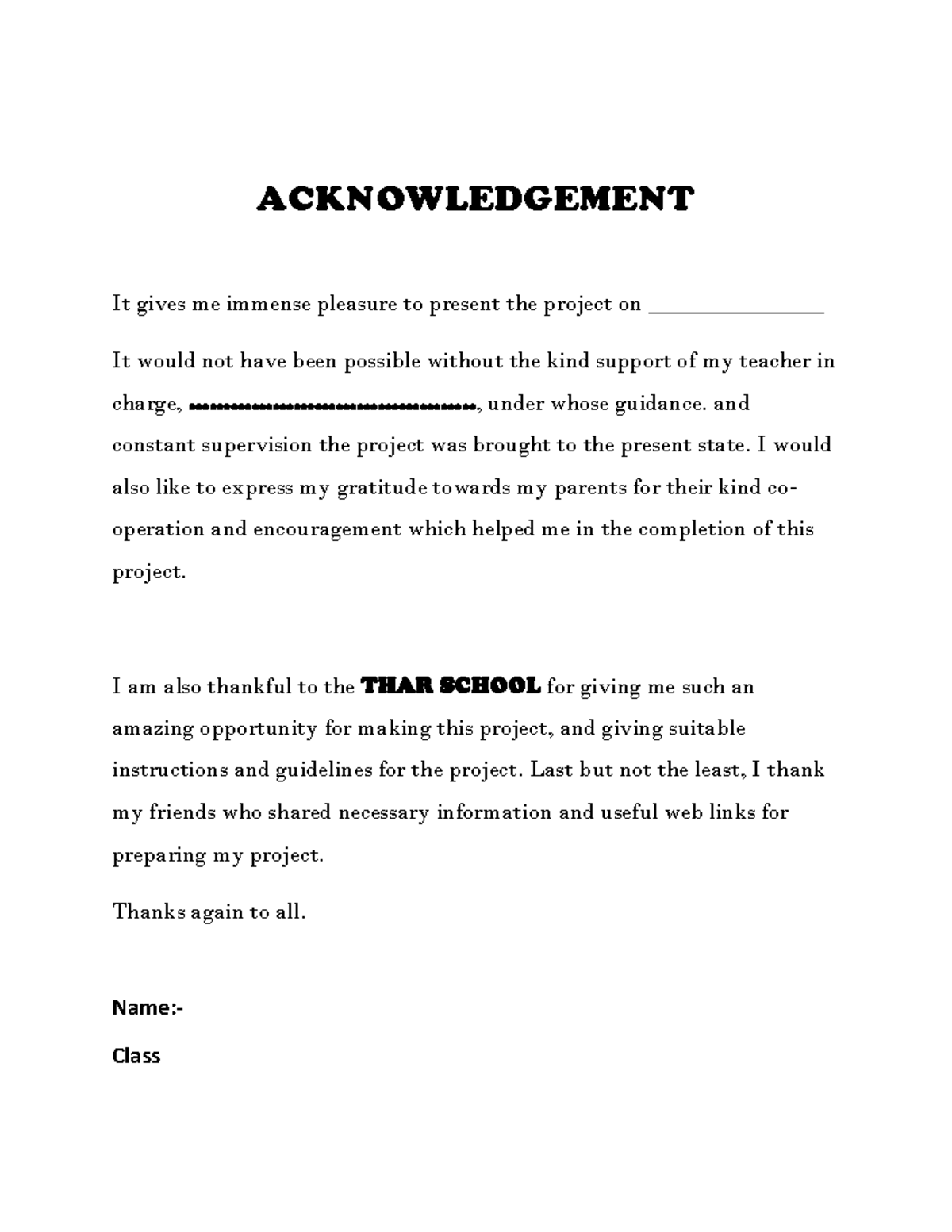 Acknowledgement Notes - Project for Class XI CBSE 2023-24 - Studocu