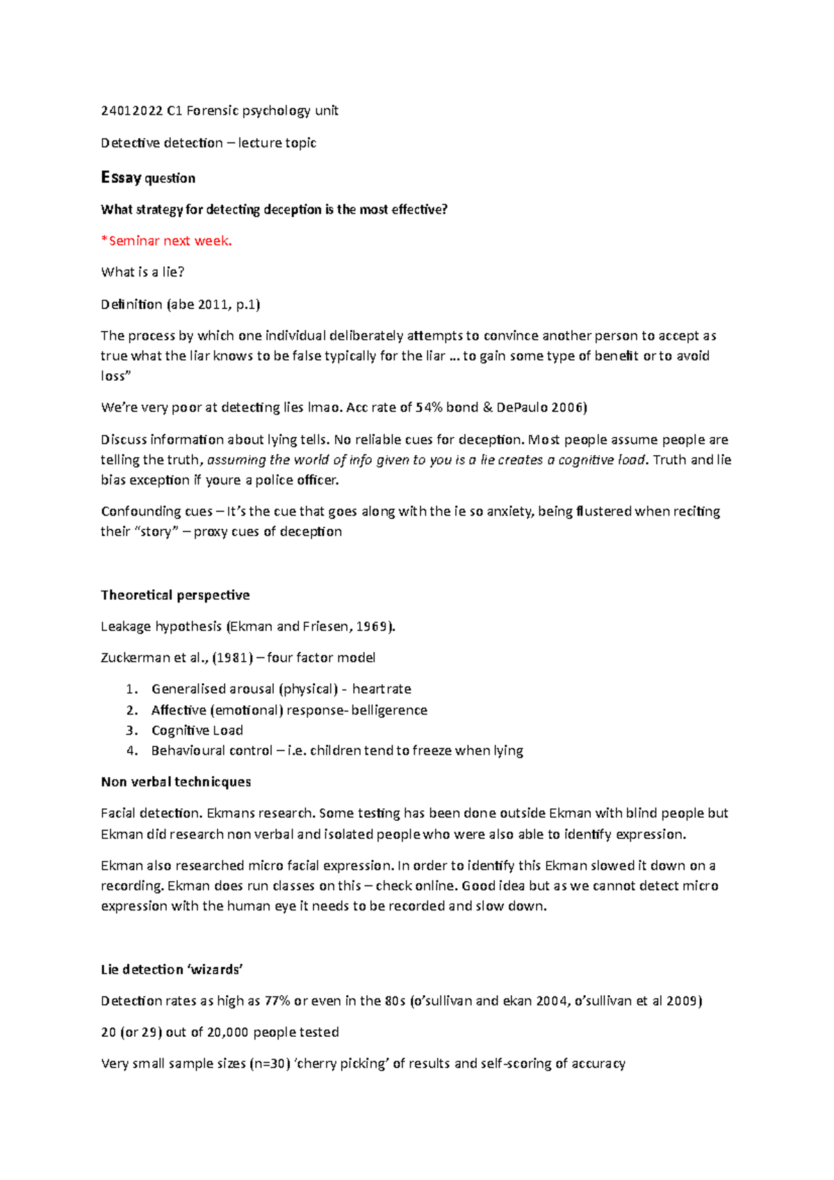 24012022 C1 Forensic Psychology Unit Lecture: Detecting Deception - Studocu