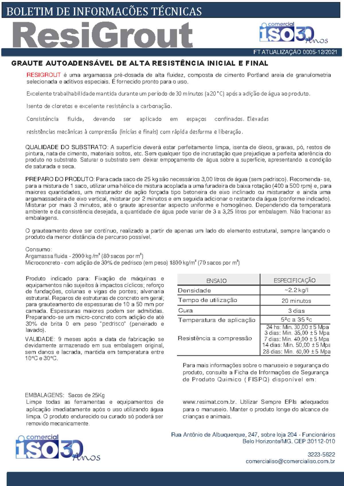 Ficha Técnica ResiGrout - Argamassa de Alta Resistência e Uso Comercial ...